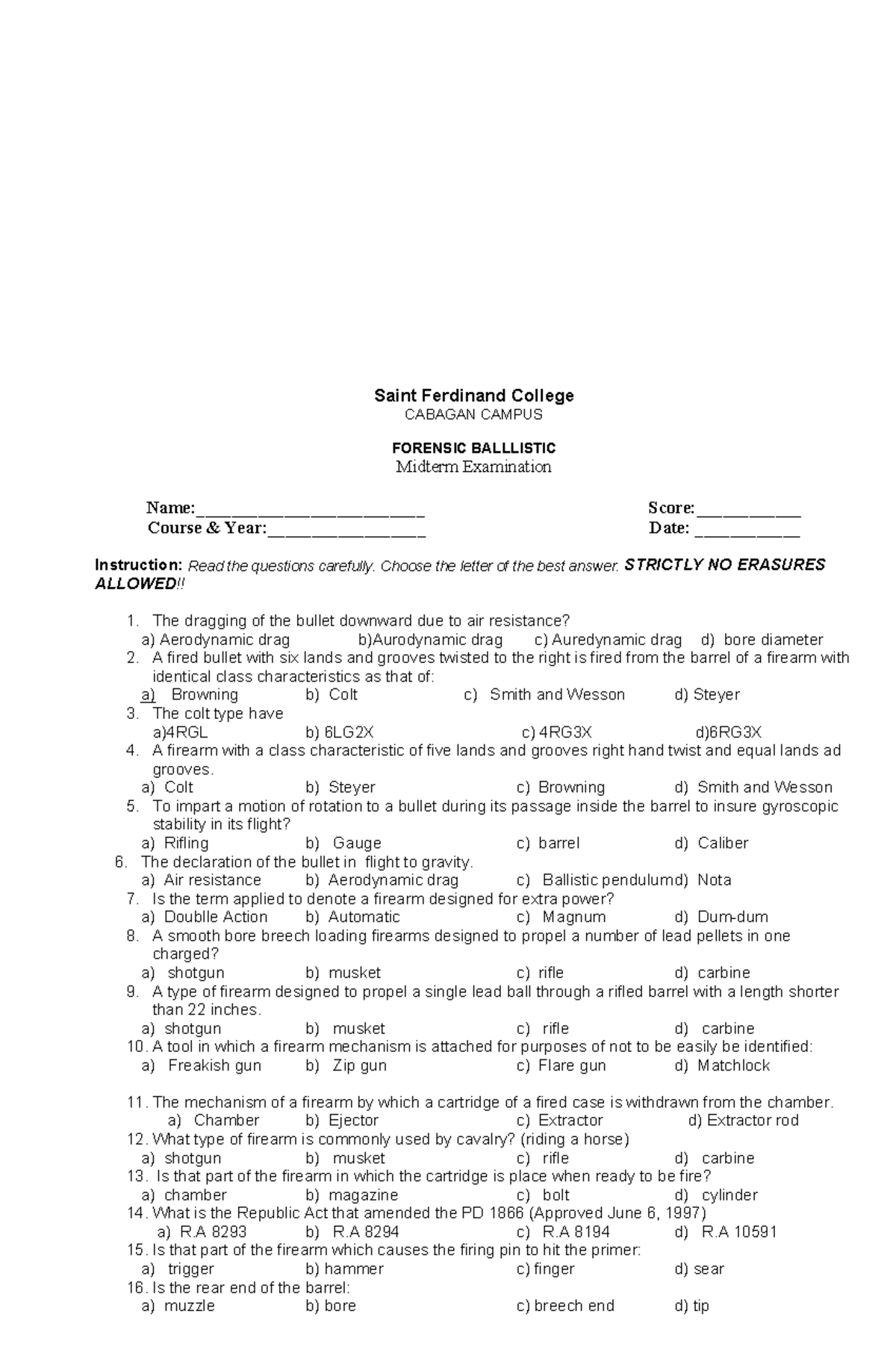 Forensic Ballistics Midterm Exam - Saint Ferdinand College (CABAGAN ...