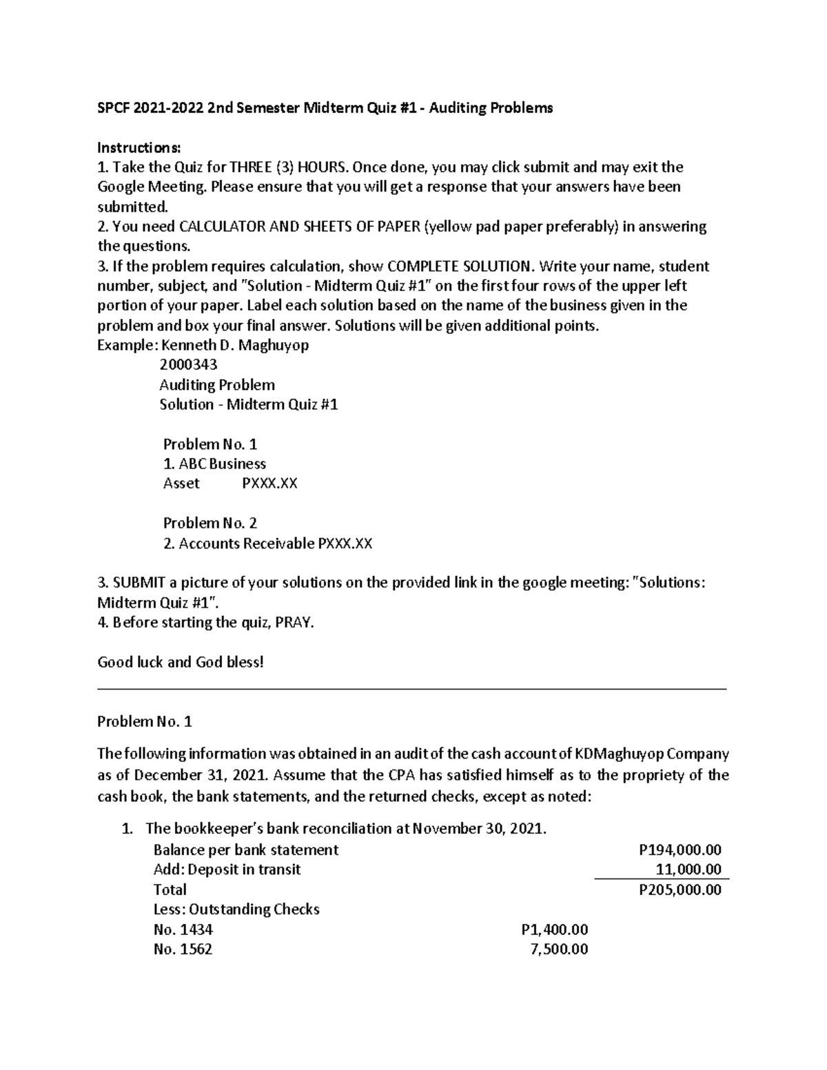 Auditing Problems - SPCF 2021-2022 2nd Semester Midterm Quiz #1 ...