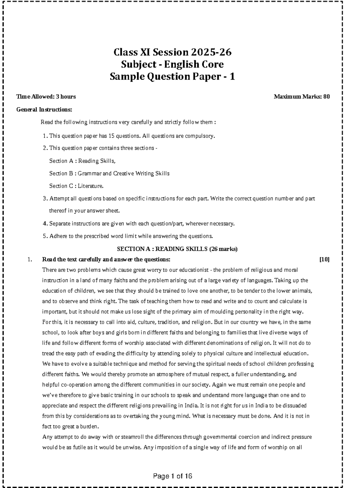 CBSE Class XI English Core Sample Question Paper 2025-26 - Studocu