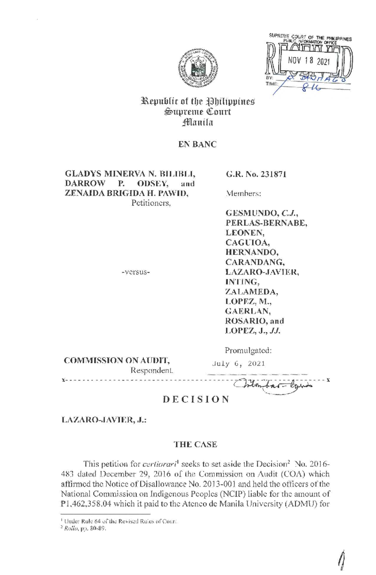 G.R. No. 231871: Bilibli, Odsey, Pawid vs. Commission on Audit Decision ...