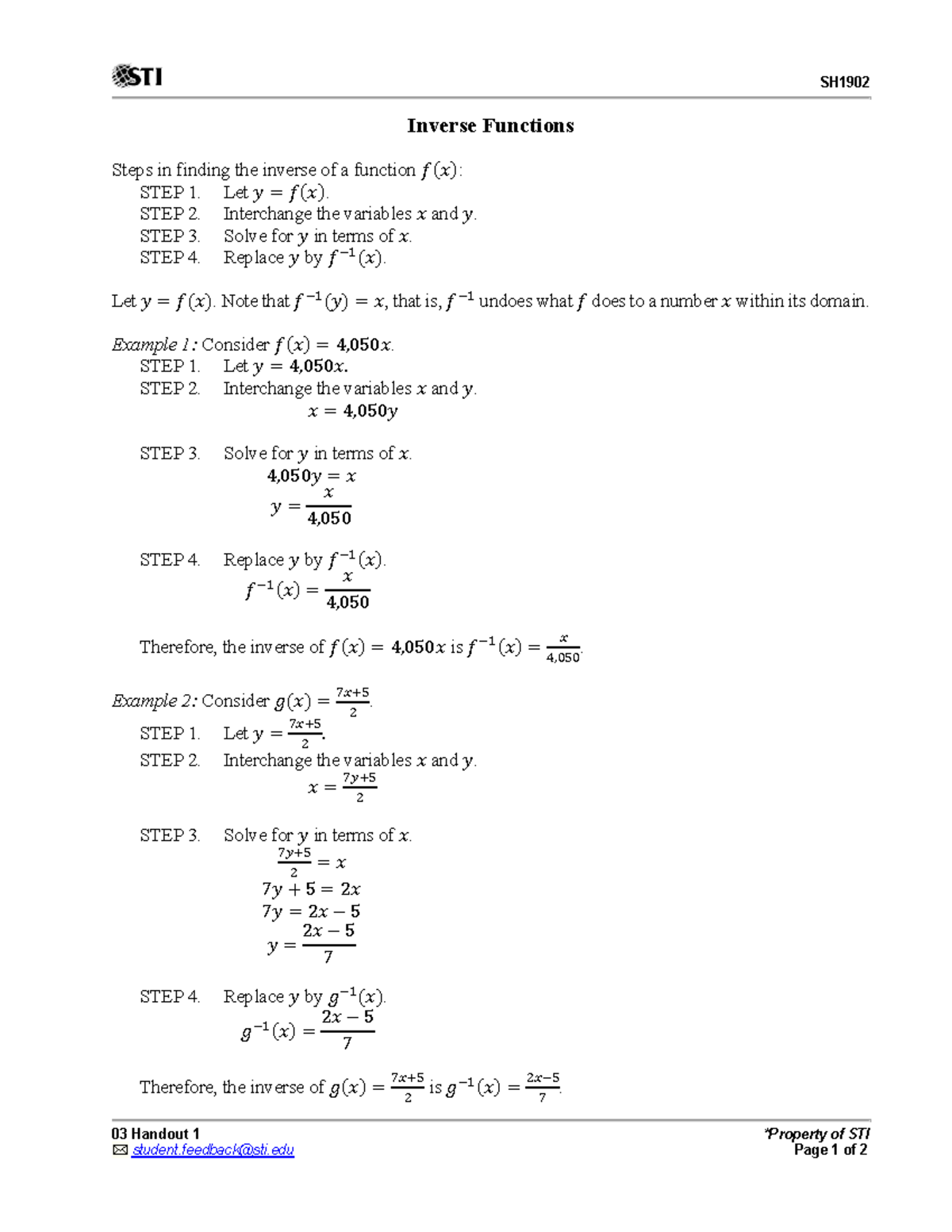SH1902 Inverse Functions: Steps to Find the Inverse of f(x) - Studocu