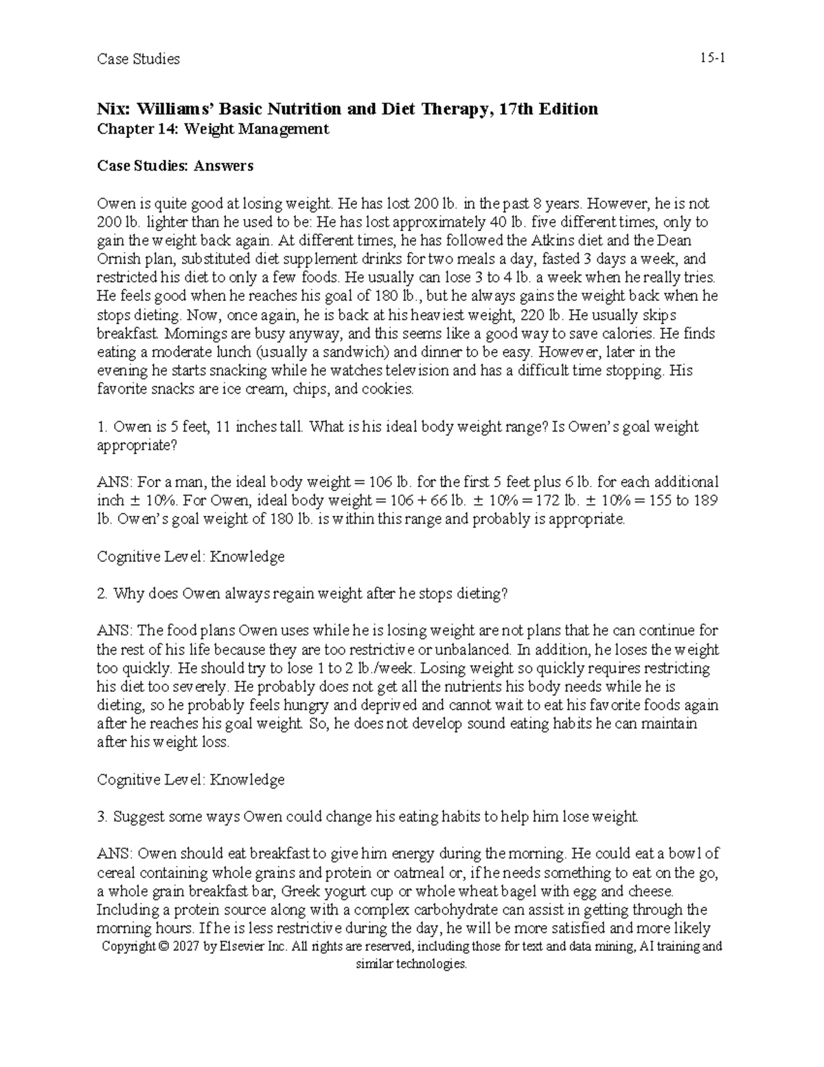 Case Study: Weight Management Insights from Nix, 17th Ed. Ch. 14 - Studocu