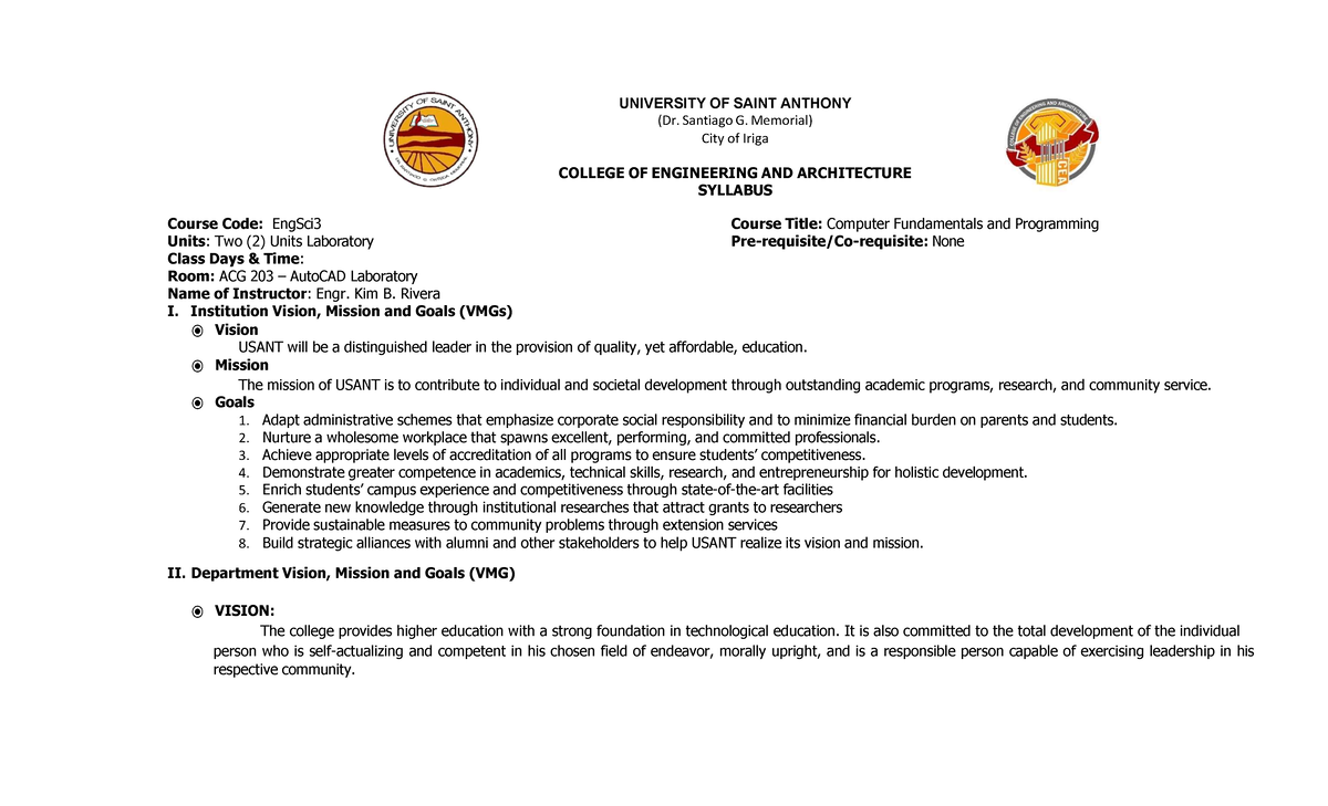 Syllabus for EngSci3: Computer Fundamentals and Programming - Studocu