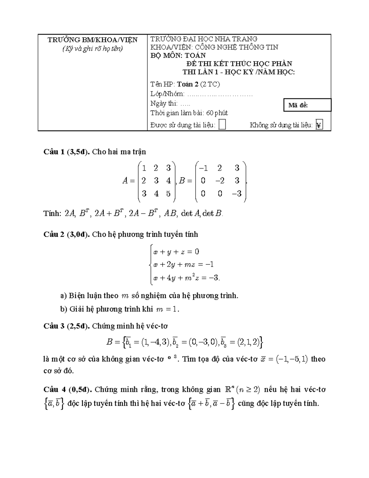 Mau de 1 Toan 2 - Khhhh - TRƯỞNG BM/KHOA/VIỆN (Ký và ghi rõ họ tên ...
