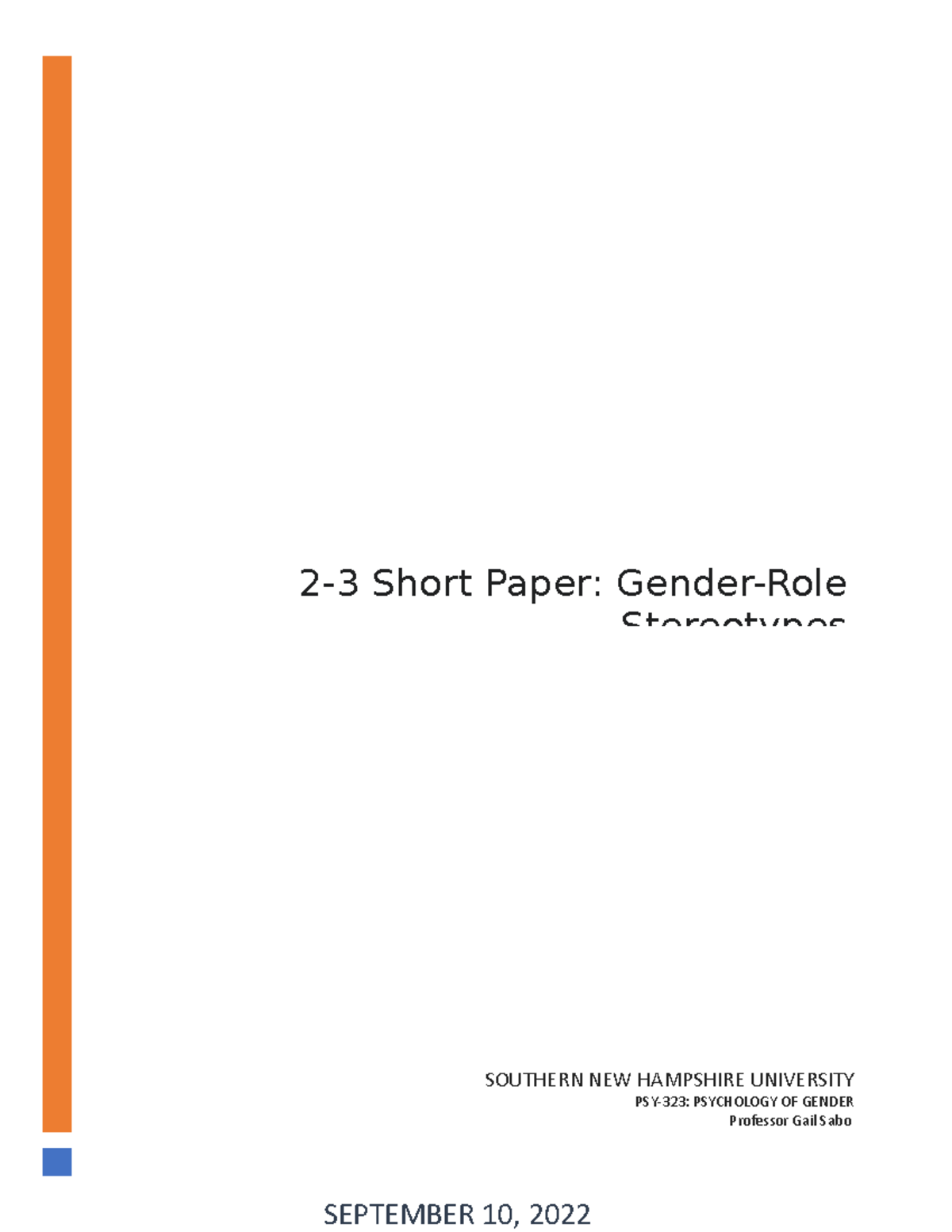 PSY 323 Module 2-3 Gender-Role Stereotypes Short Paper - SOUTHERN NEW ...