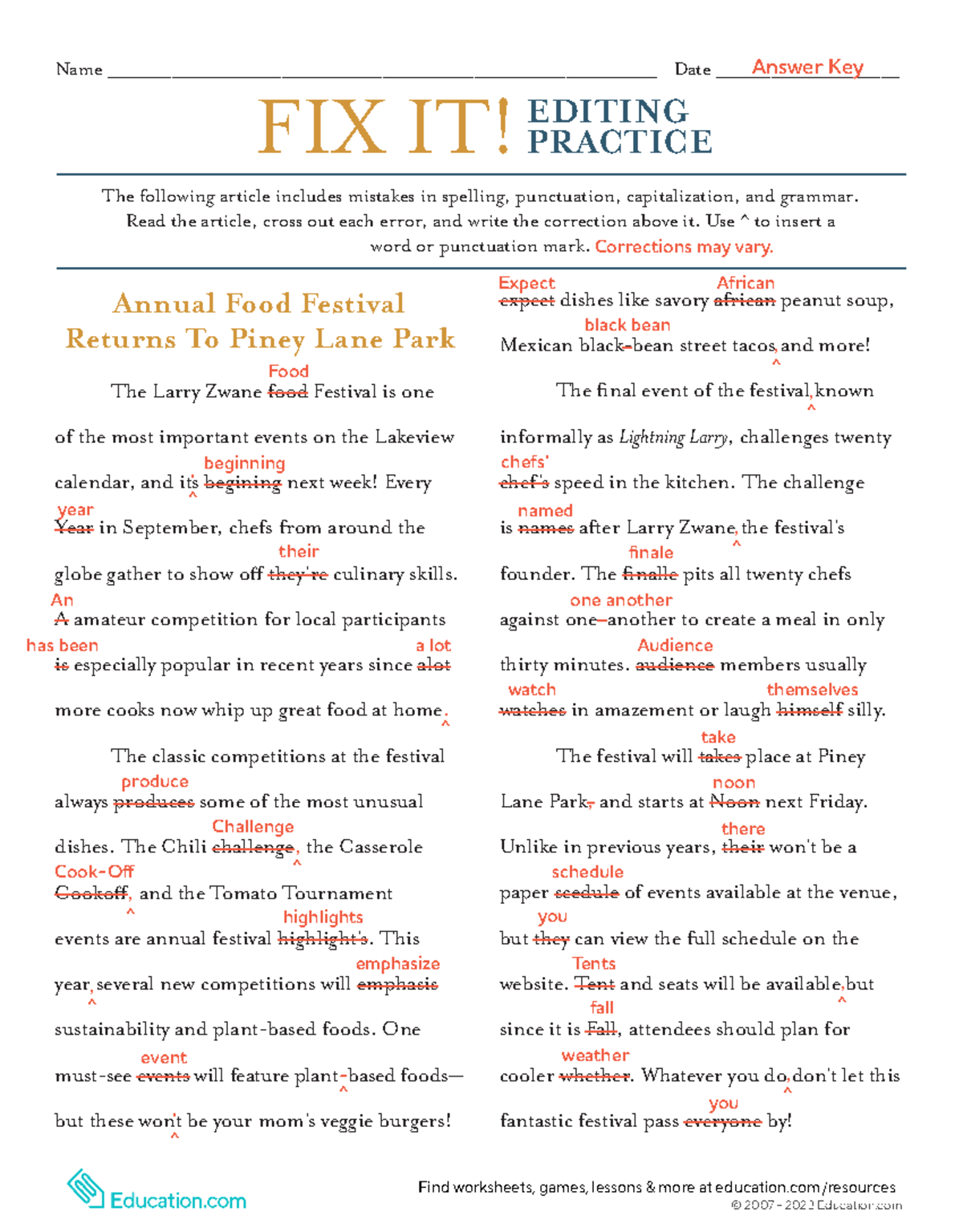 Fix It! Editing Practice for Annual Food Festival Article - Studocu