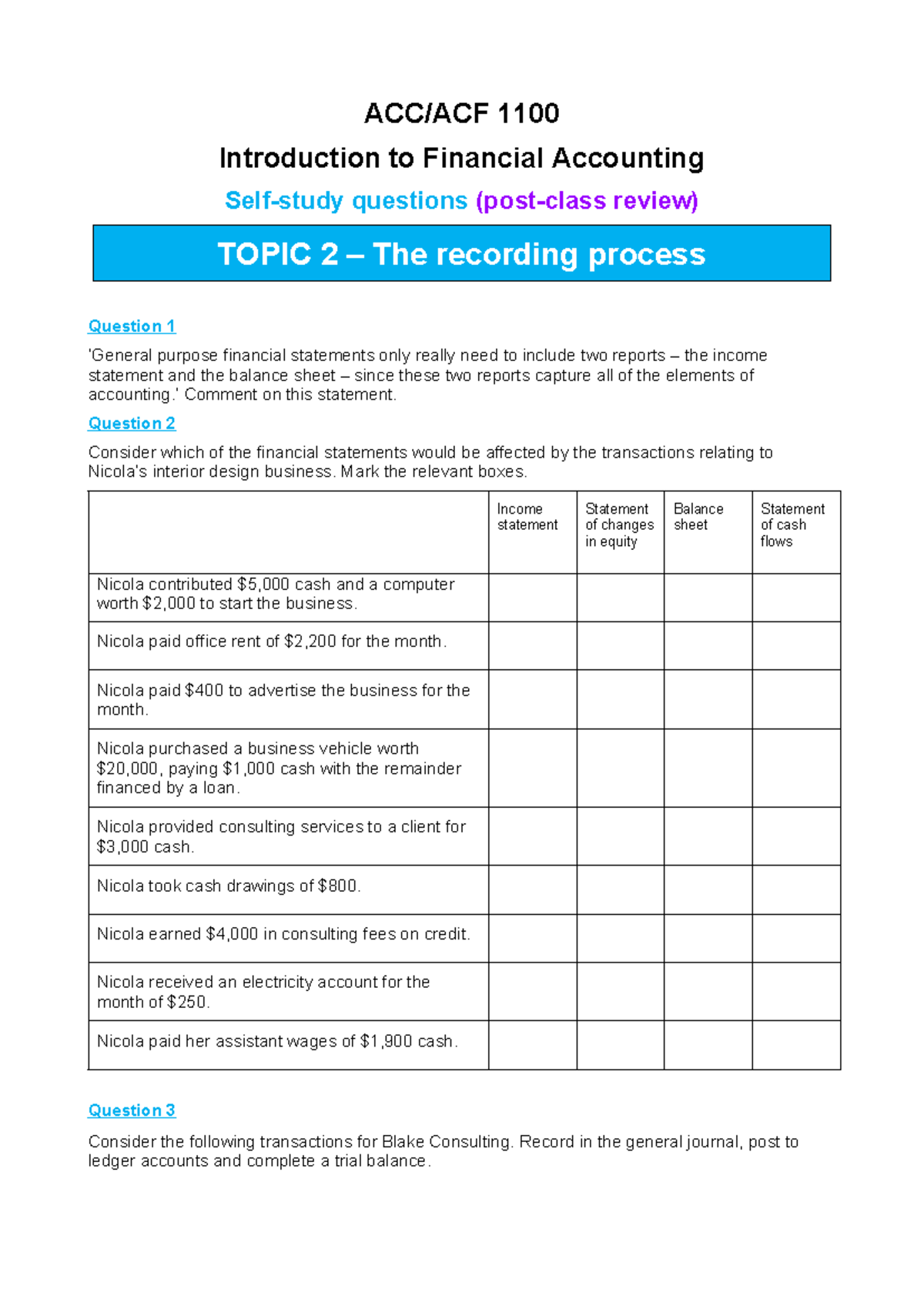 1100 Financial Accounting Week 2 Self-Study Review Questions - Studocu