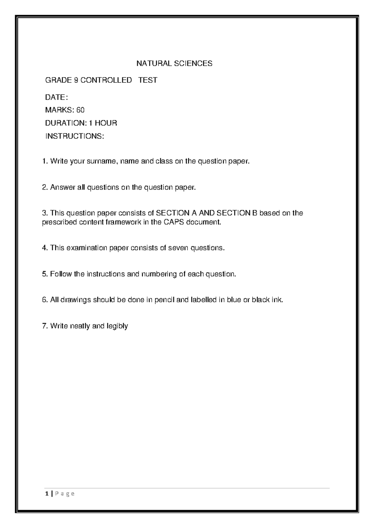 NATURAL SCIENCES GRADE 9 CONTROLLED TEST QUESTIONS & MEMO - Studocu