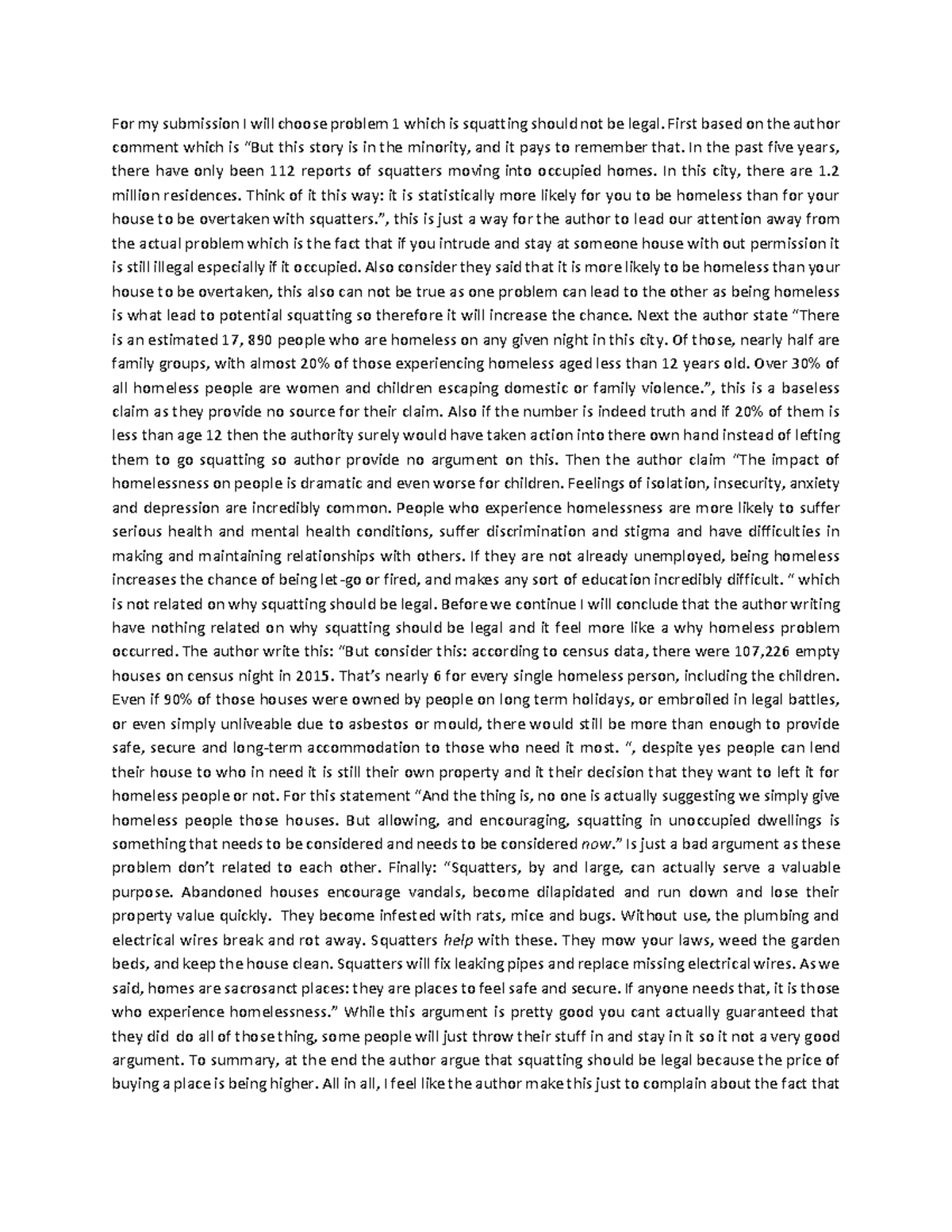 Critical Analysis of Argument Against Legalizing Squatting - SSL101C ...