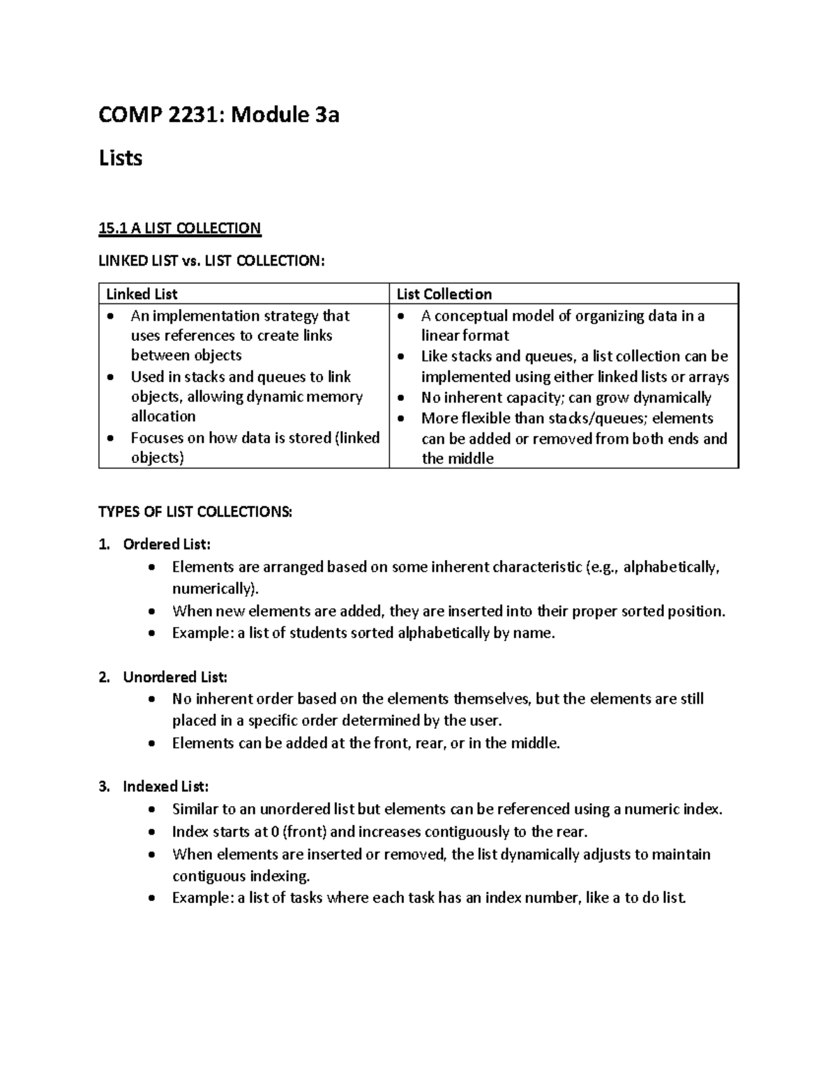 COMP 2231: Module 3 Study Notes on List Collections and Operations ...
