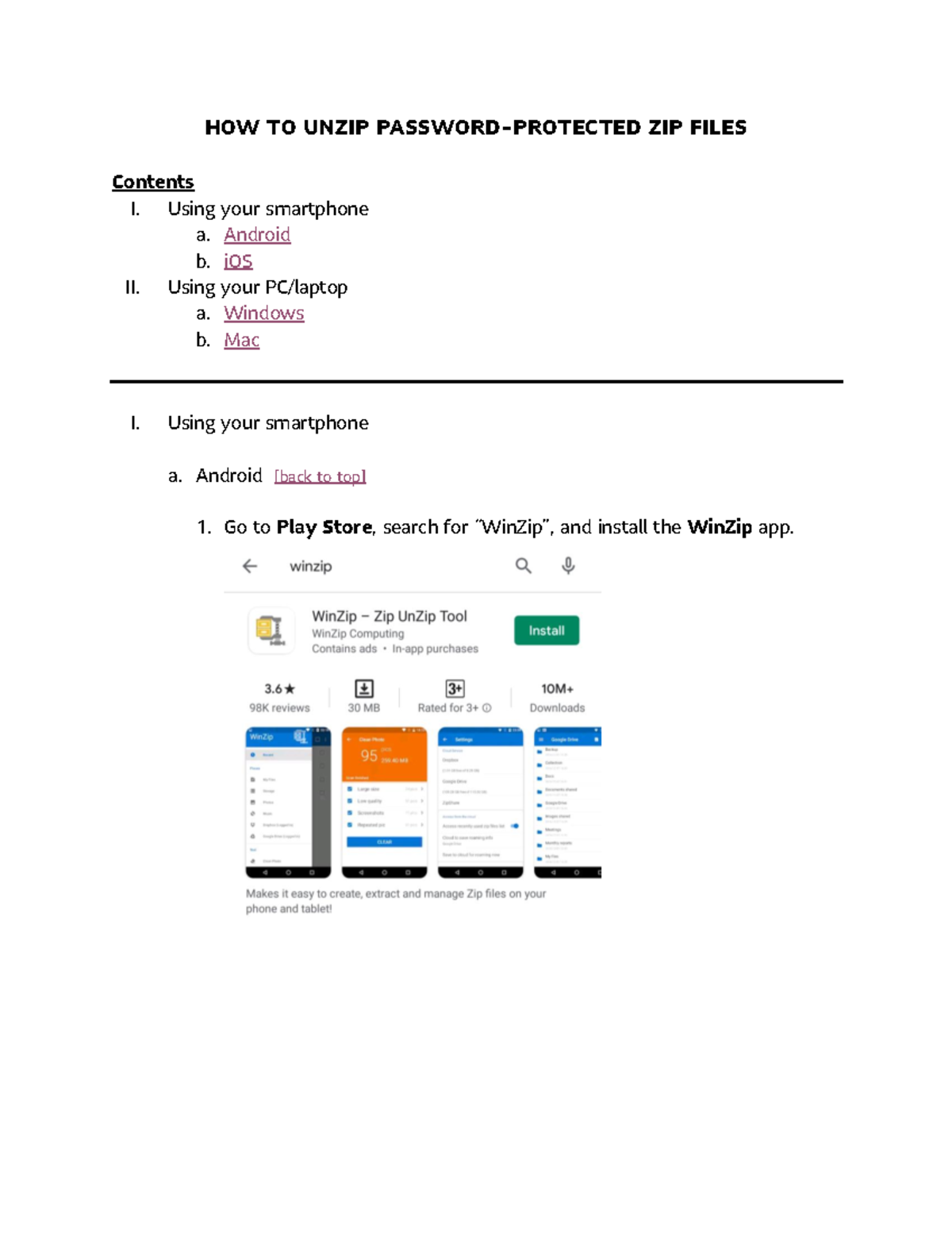 How to Unzip Files - NOTHING - HOW TO UNZIP PASSWORD-PROTECTED ZIP FILES Contents I. Using your ...