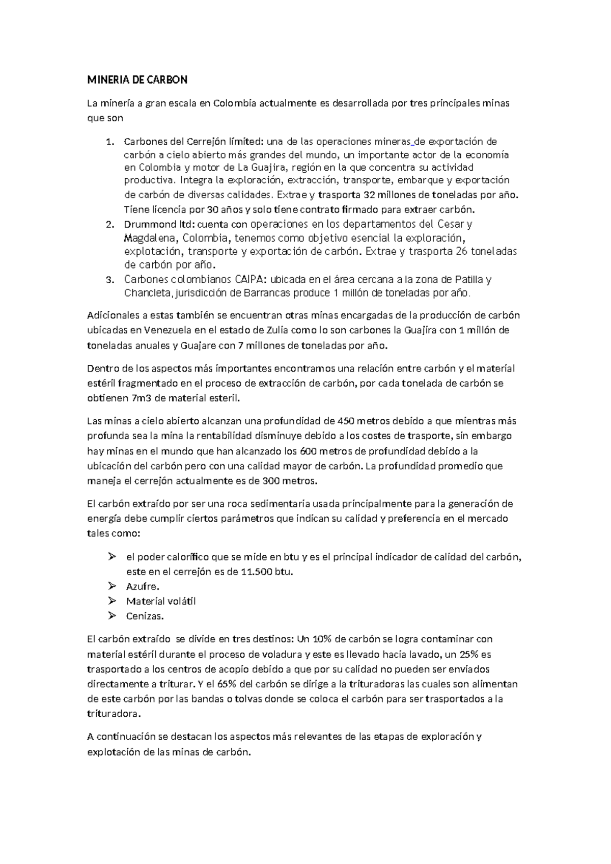 Resumen de la Clase: Minería de Carbón en Colombia - Studocu