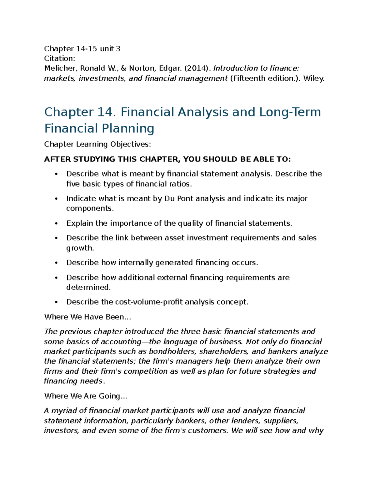 Chapter 14-15: Financial Analysis & Planning in Finance (FIN 101) - Studocu