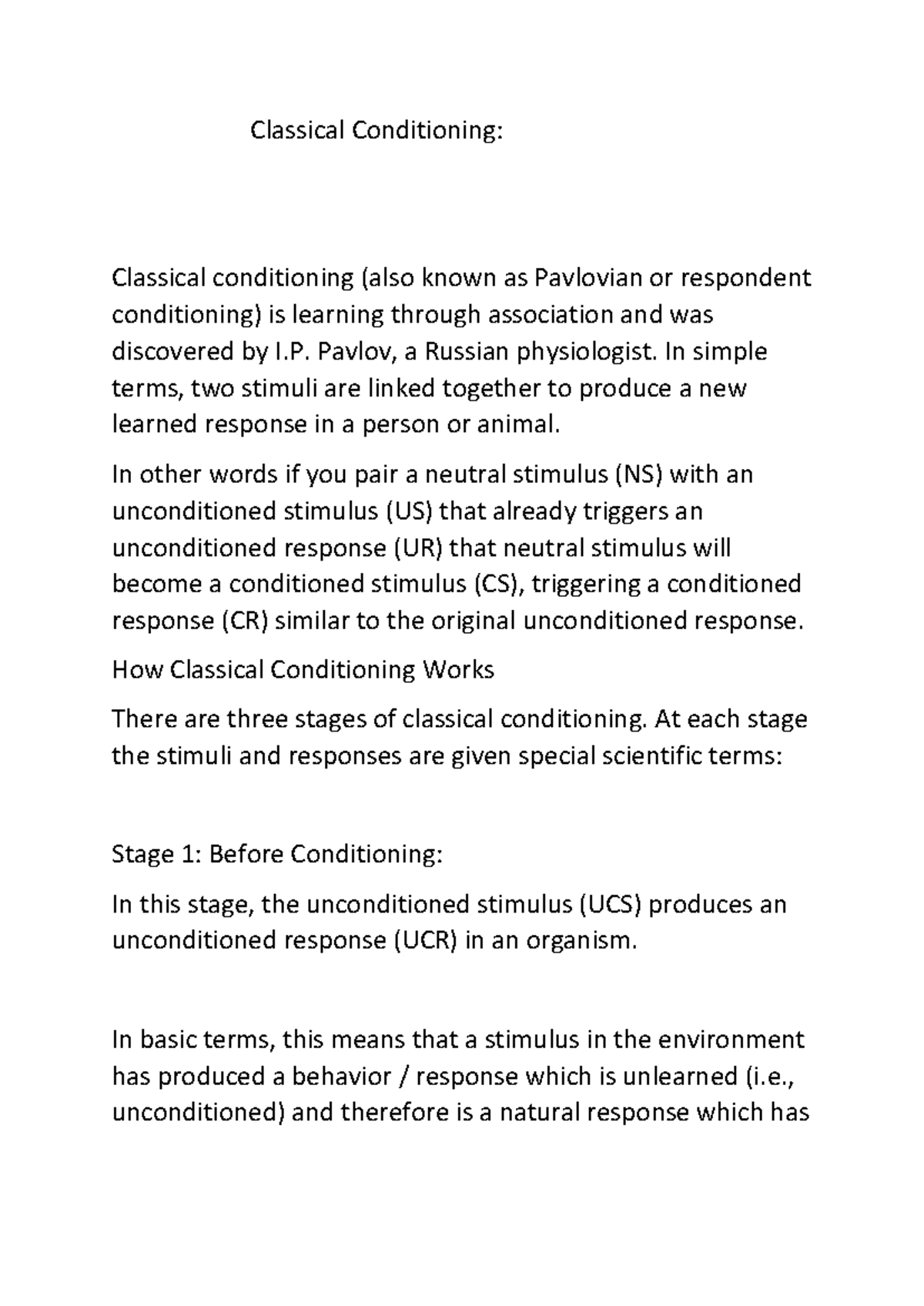 PSY 101: Classical Conditioning Overview and Key Concepts - Studocu