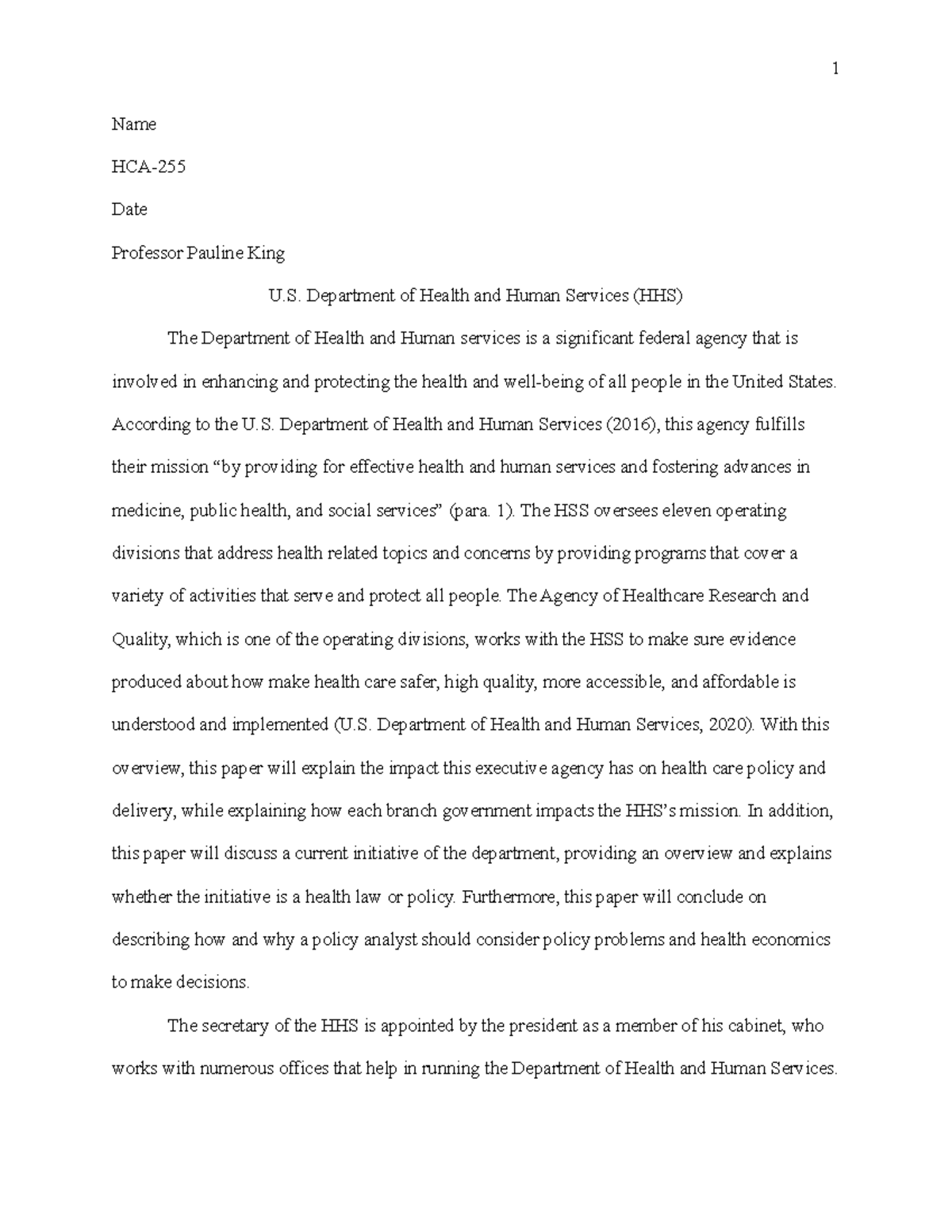 HCA 255 Health Policy Research Paper on HHS: Agencies & Impact - Studocu