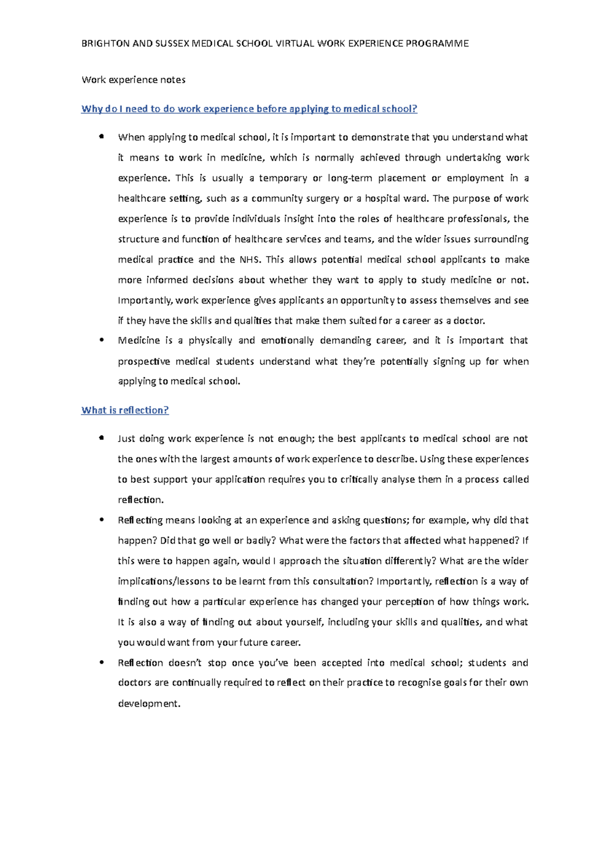 BSMS Work Experience Notes: Insights for Medical School Applicants ...