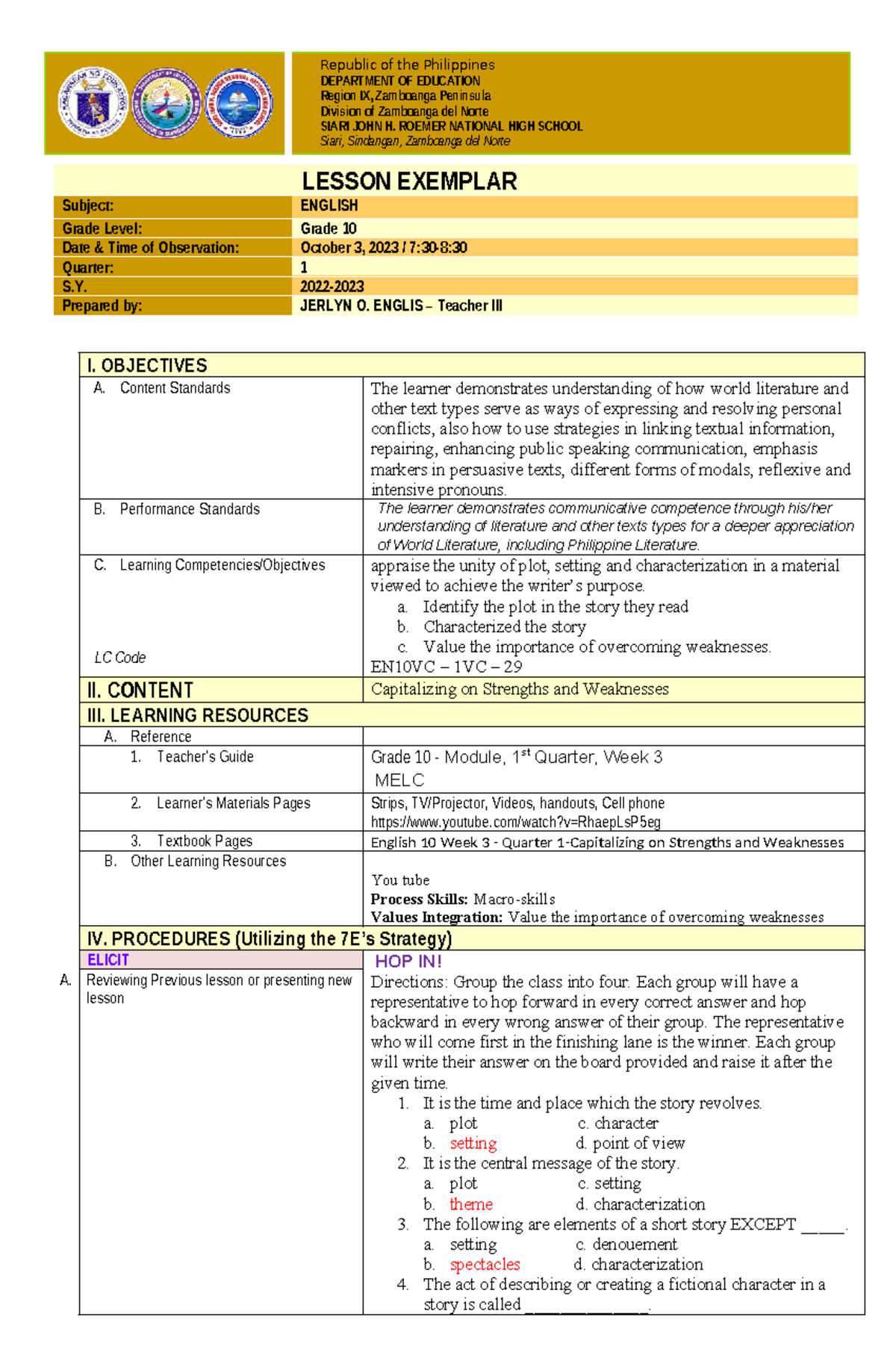 Lesson Exemplar: English 10 - Quarter 1, Week 3 on Elements of ...