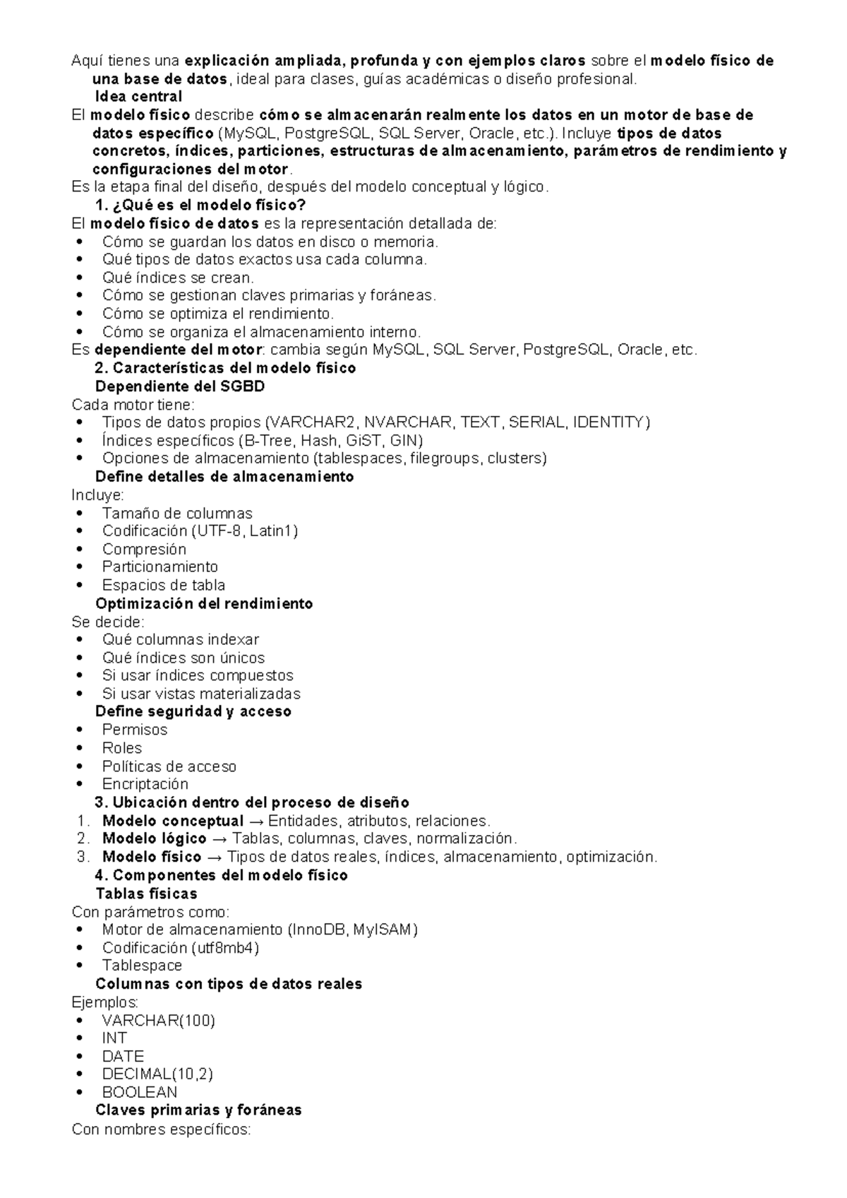 Modelo Físico de Bases de Datos: Guía Completa para Clases - Studocu