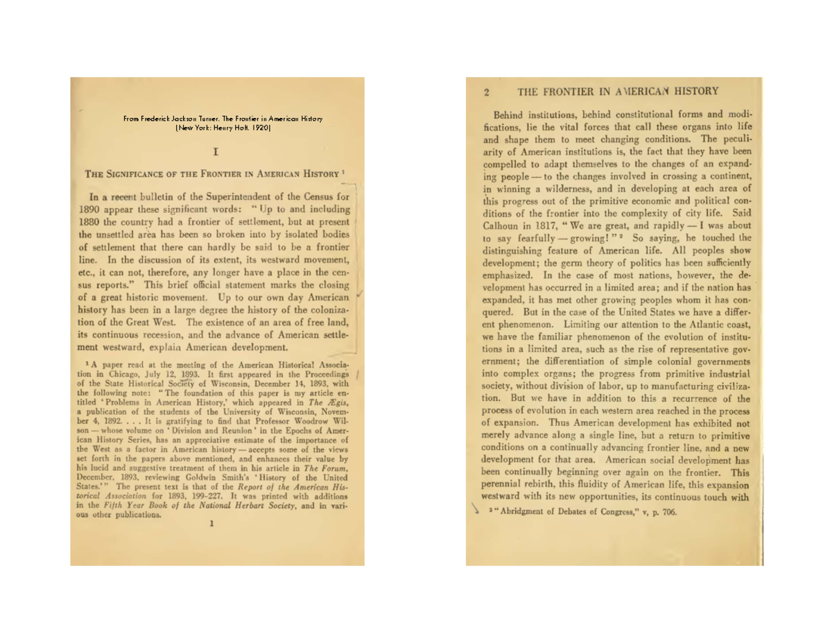 The Significance of the Frontier in American History (HIST 2) - Studocu