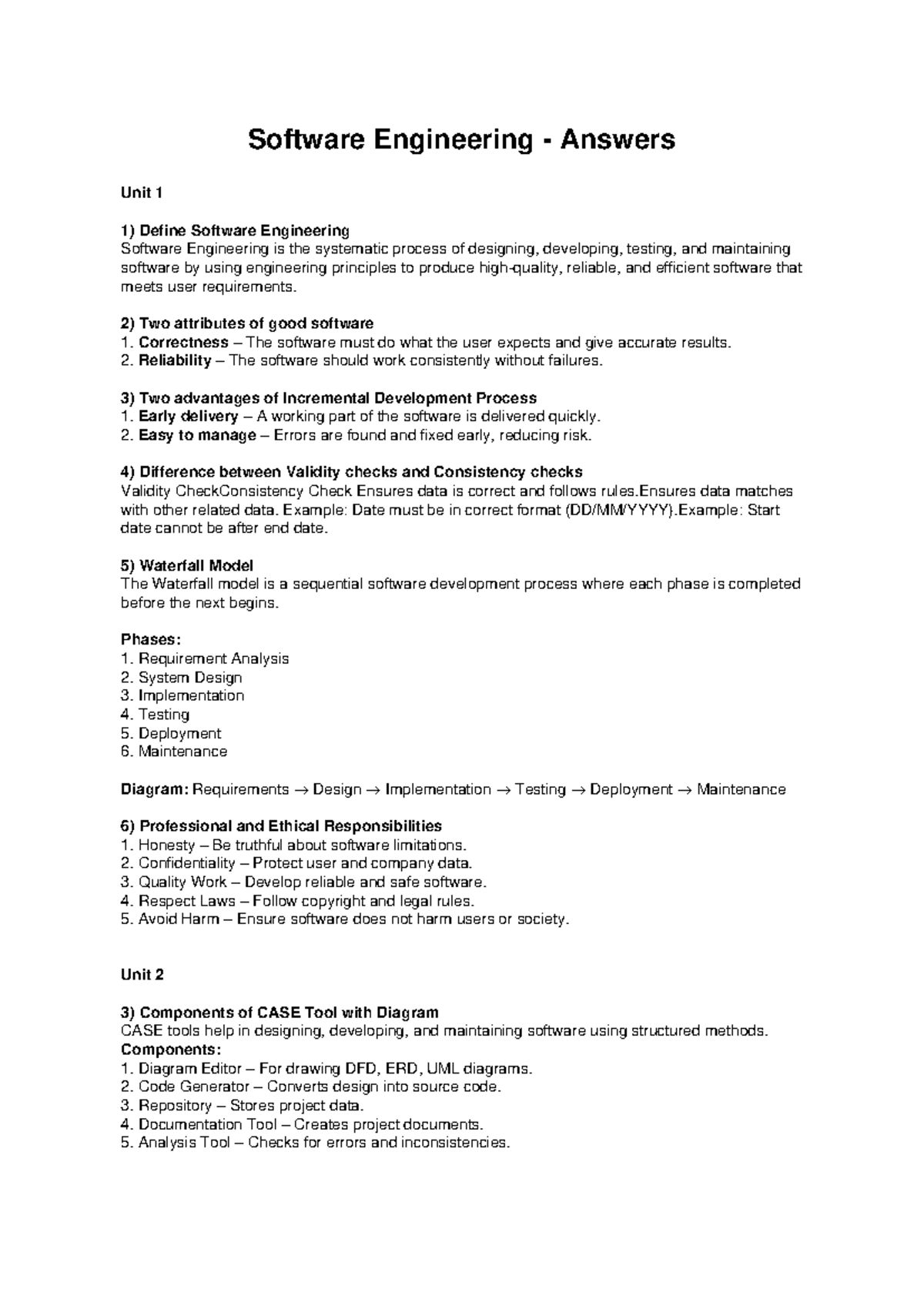 Software Engineering Answers Unit 1 & 2: Key Concepts & Definitions ...