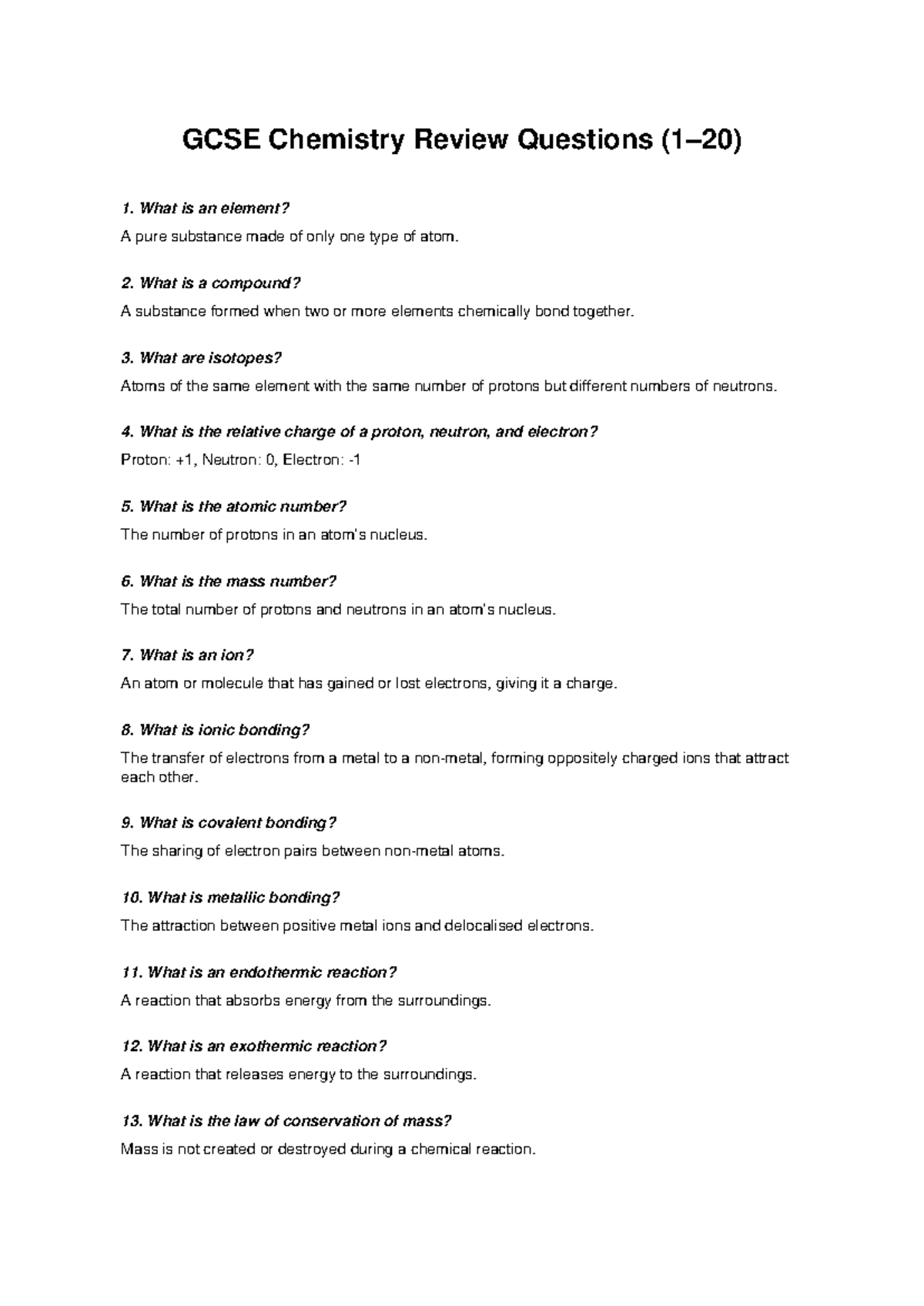 GCSE Chemistry: Key Review Questions and Concepts - Studocu