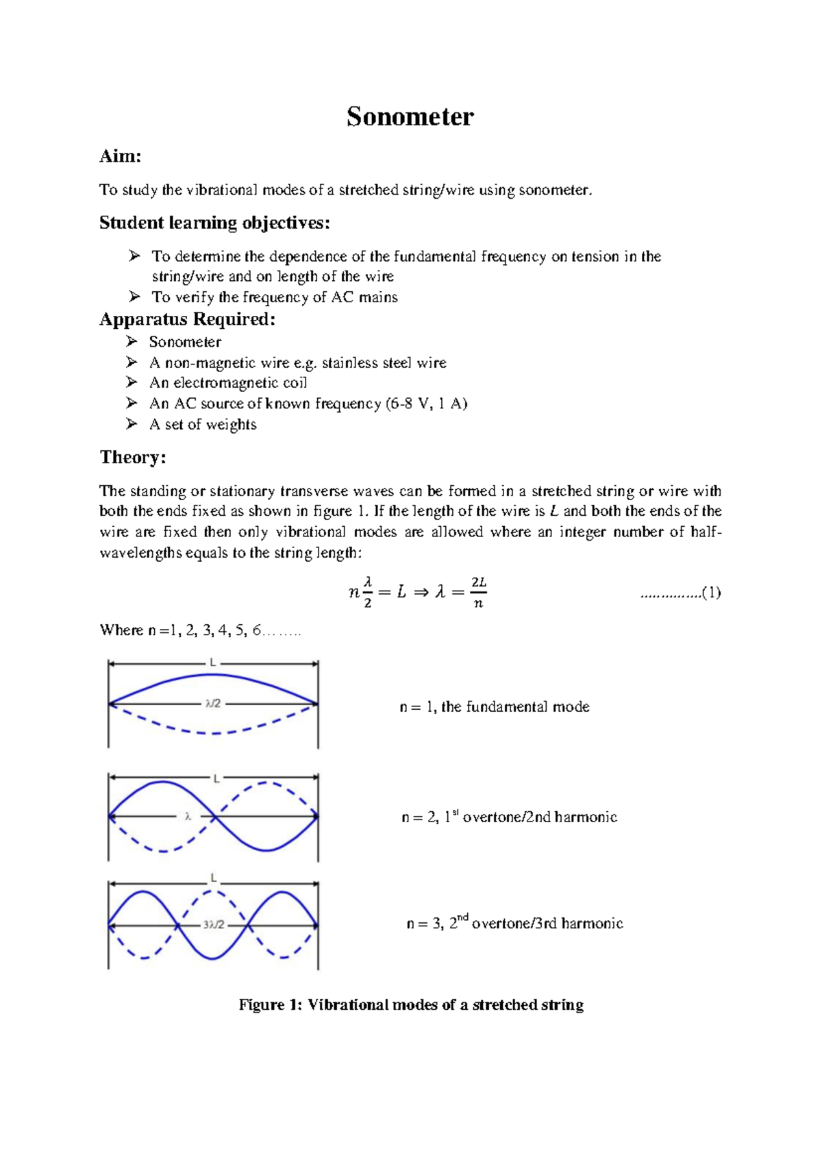 Sonometer Lab Manual: Exploring Vibrational Modes and Frequency - Studocu