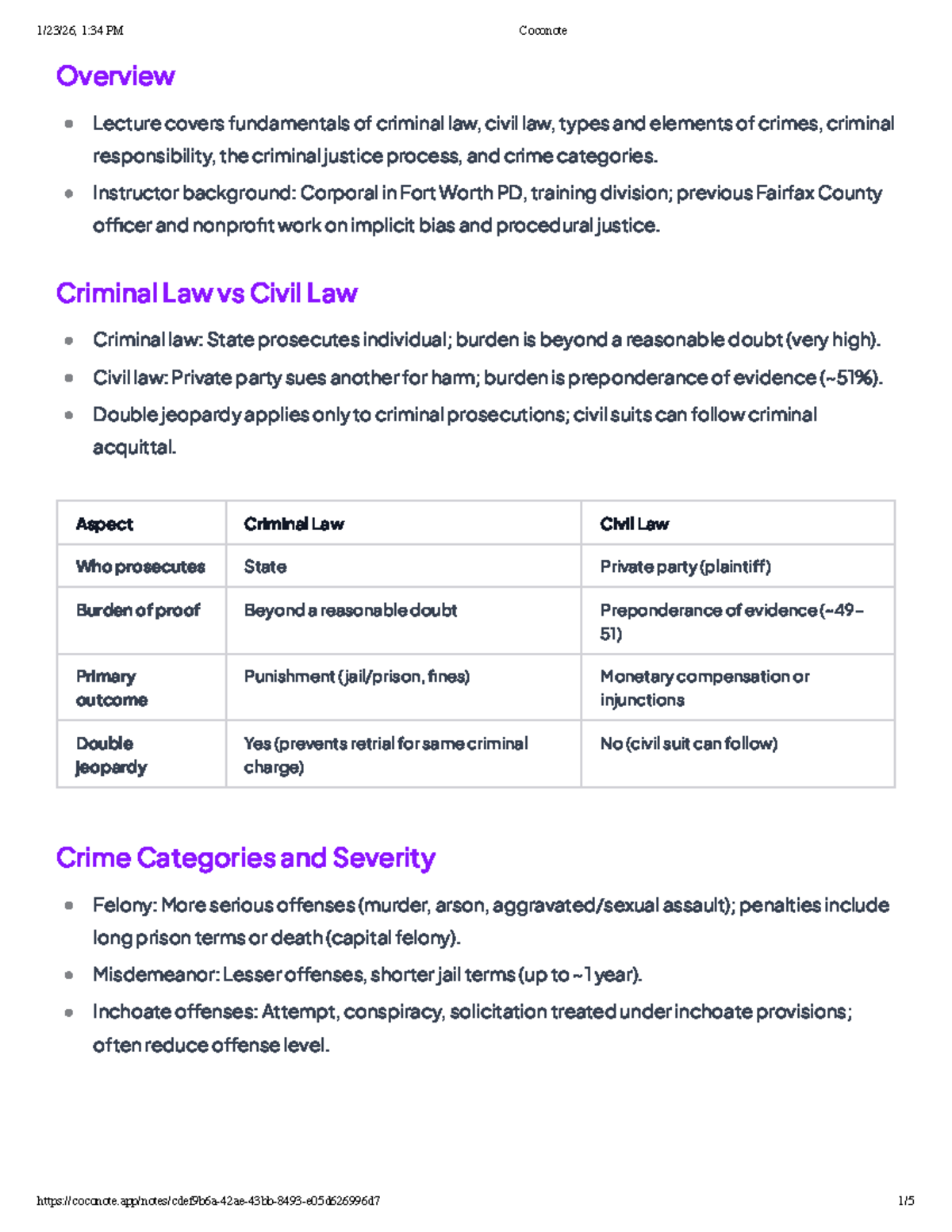 Criminal & Civil Law Overview Lecture (1:34 PM Coconote) - Studocu