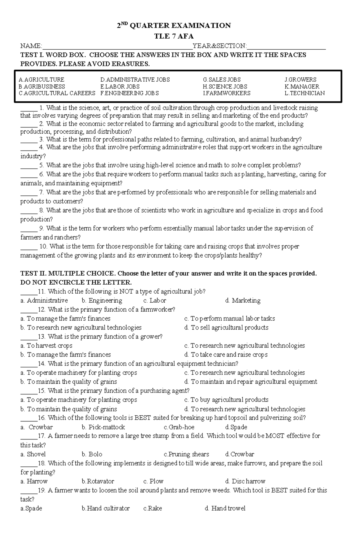 2ND Quarter Examination - 2 ND QUARTER EXAMINATION TLE 7 AFA - Studocu
