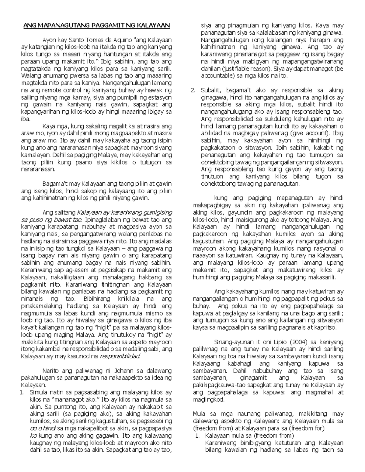 Lesson 4 - ESP (Notes) - Pagsusuri ng Mapanagutang Paggamit ng Kalayaan ...