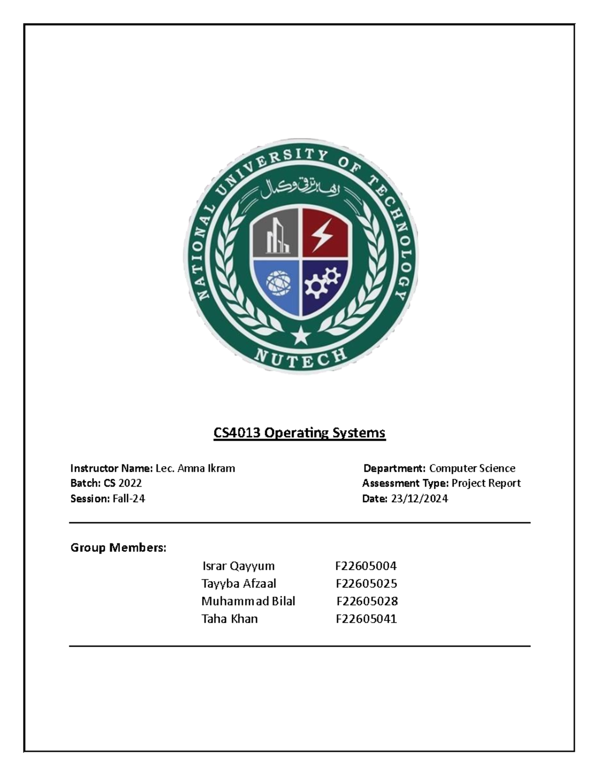 SJF Project Report - CS4013 Operating Systems Instructor Name: Lec ...