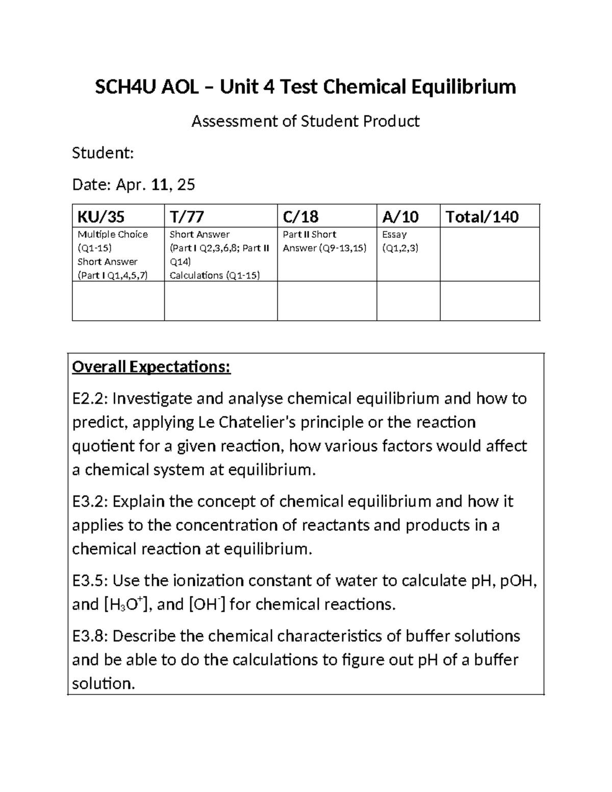 Unit 4 test SCH4U: Practice questions on chemical equilibrium - Studocu