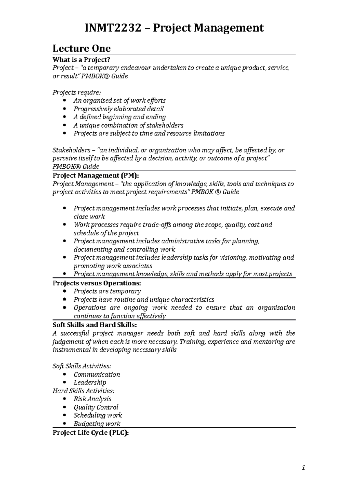 Lecture notes, lectures Weeks 1 - 11 - INMT2232 – Project Management ...