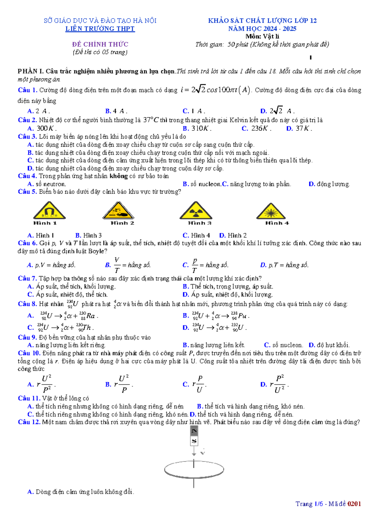 Đề Thi Thử TN THPT Môn Vật Lý 12 - Mã Đề 0201 Năm Học 2024-2025 - Studocu