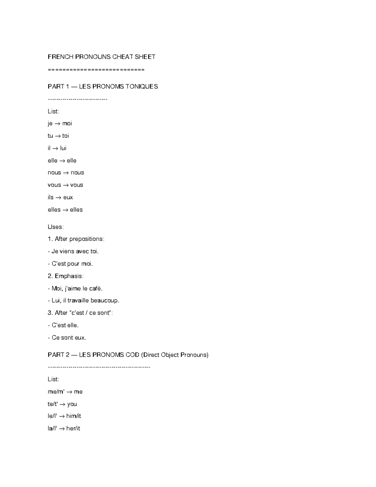 FREN 101: French Pronouns Cheat Sheet - Parts 1 & 2 - Studocu
