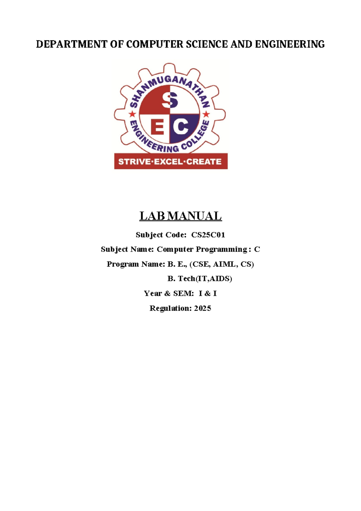 CS25C01 Lab Manual: C Programming Practical Exercises and Projects - Studocu
