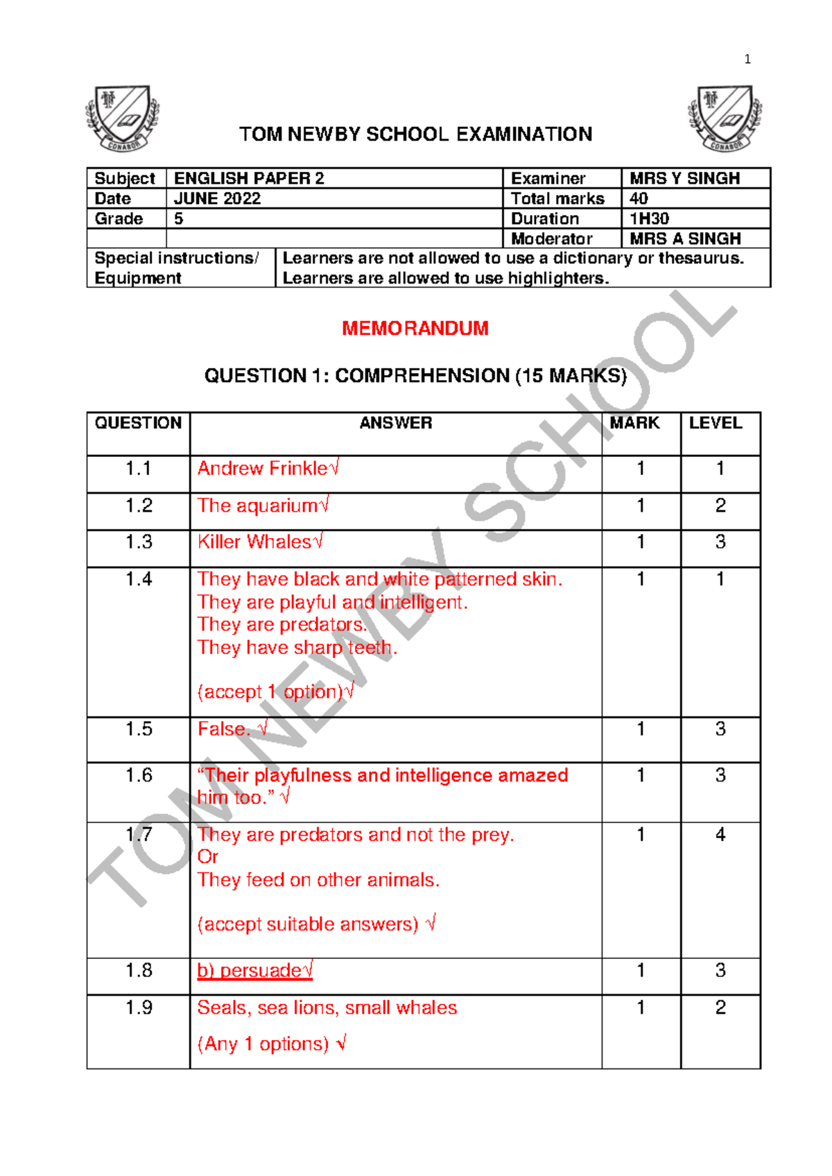 Grade 5 English June 2022 Exam Memorandum (Paper 2) - Studocu