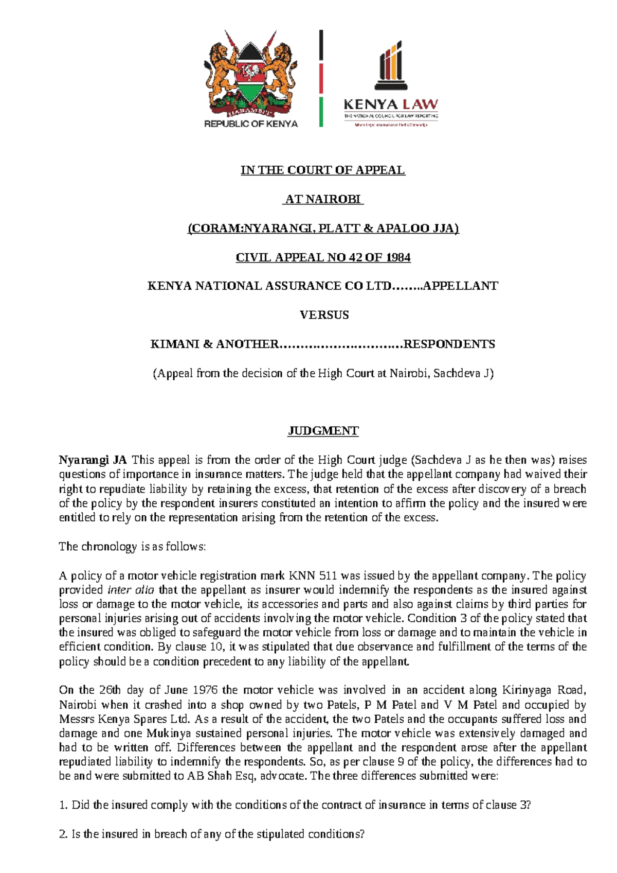 Kenya National Assurance Co Ltd v Kimani: Civil Appeal No. 42 of 1984 ...