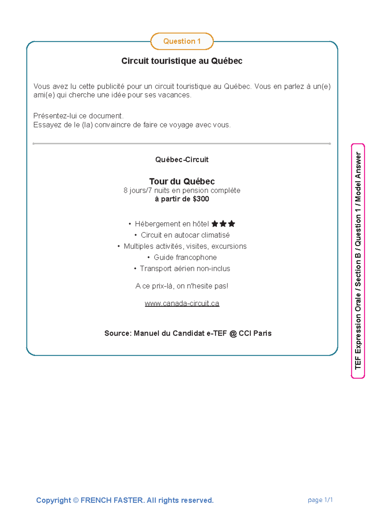 TEF Oral Expression Sample: Section B Model Answer for Quebec Tour ...
