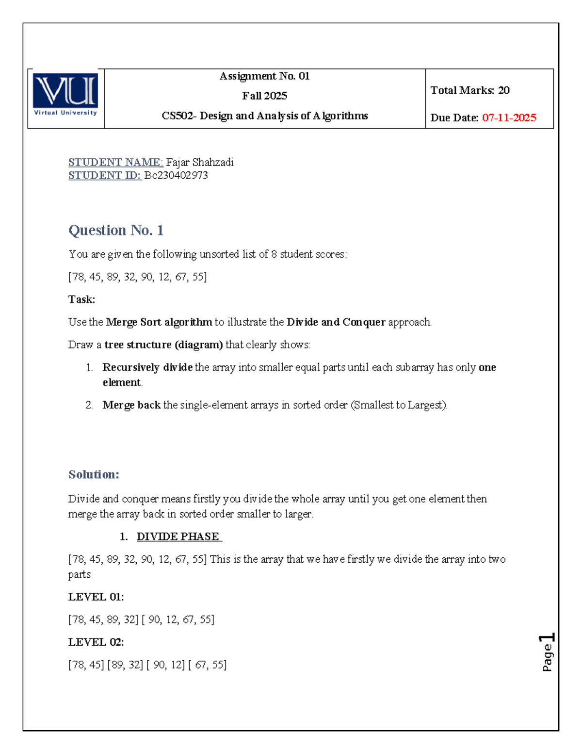 Bc230402973 Assignment 01: Merge Sort Analysis & Tree Structure - Studocu