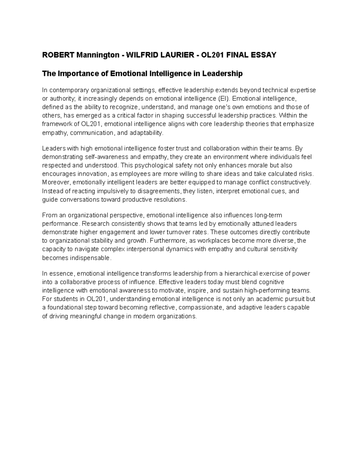 OL201 Final Essay: The Role of Emotional Intelligence in Leadership ...