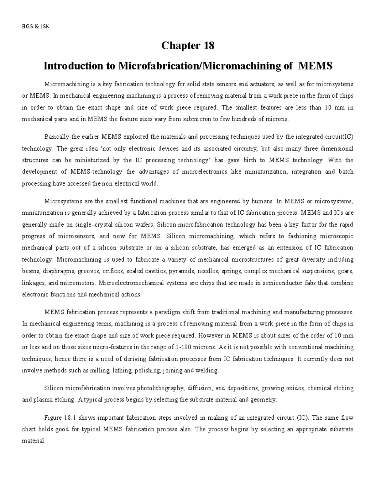 Mems Unit Iv 1 Mems Chapter 18 Introduction To Microfabricationmicromachining Of Mems