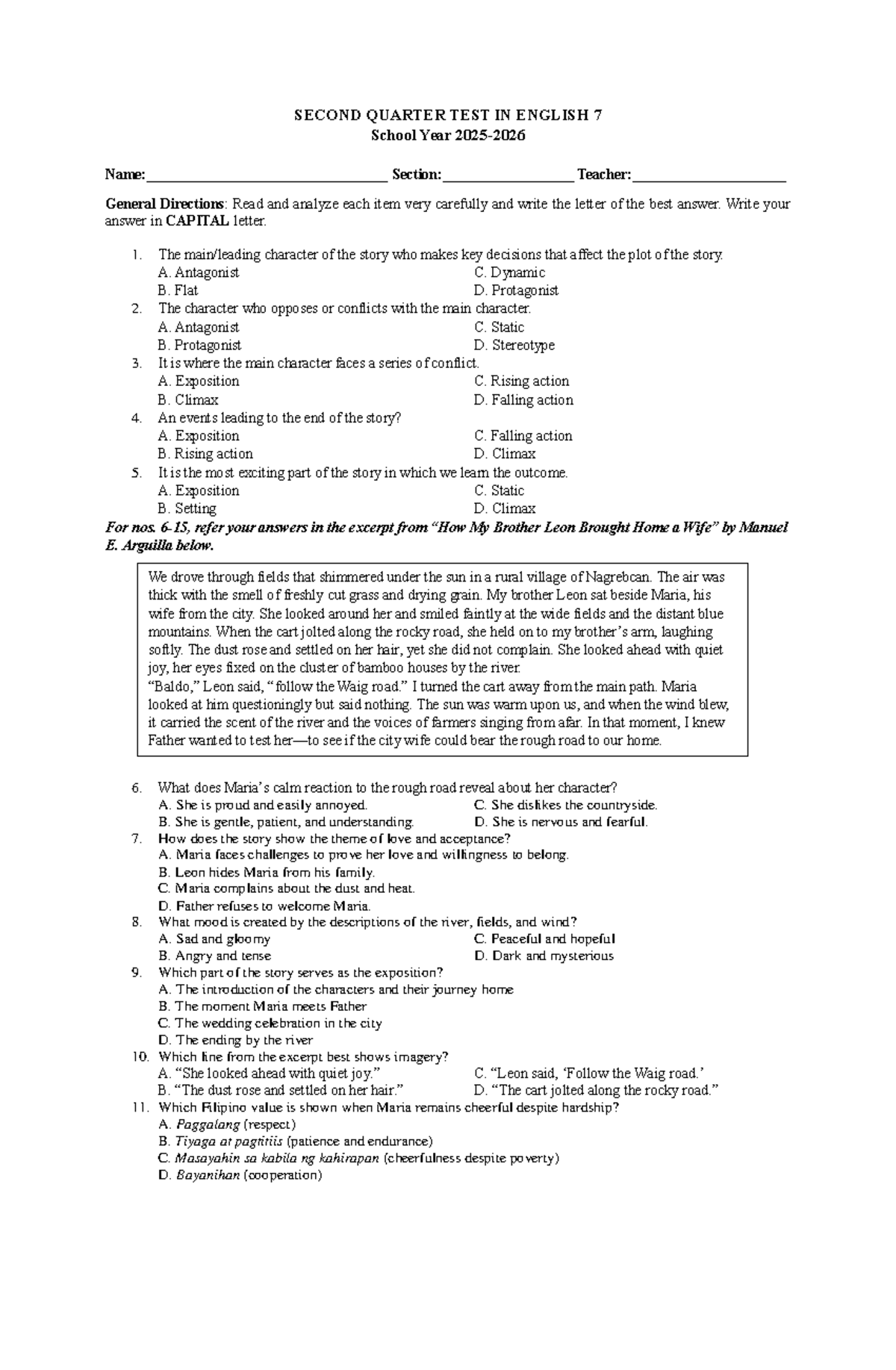 Second Quarter Test in English 7: Key Concepts and Analysis - Studocu