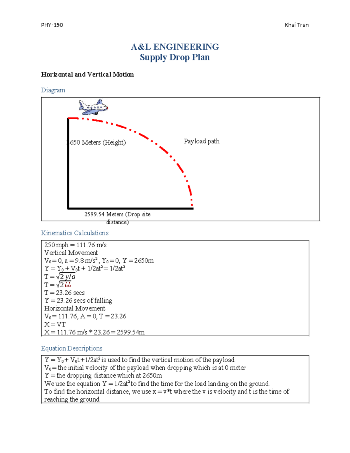 PHY 150 Project One: Supply Drop Plan with Kinematics Analysis - Studocu