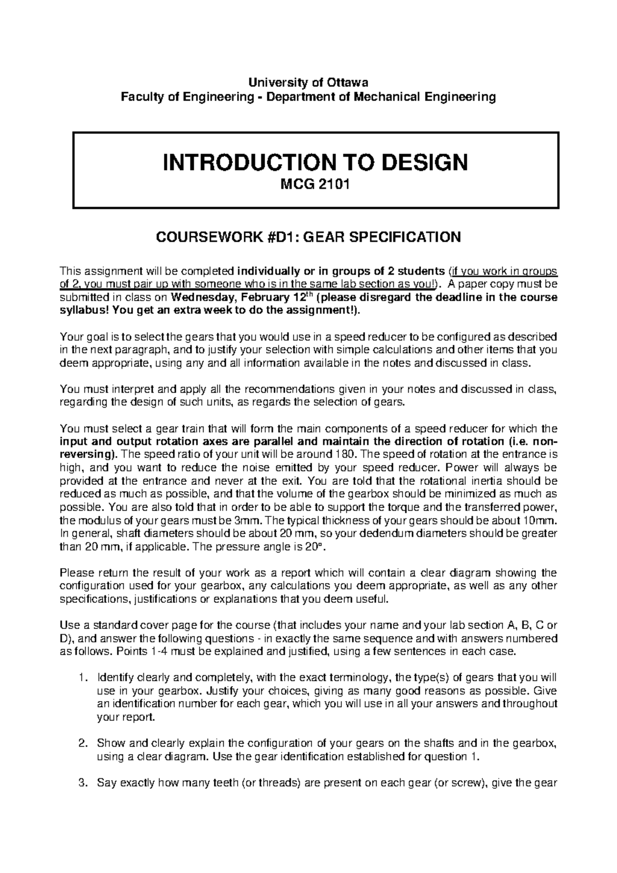 MCG 2101 Assignment D1: Gear Train Design Specifications - Studocu