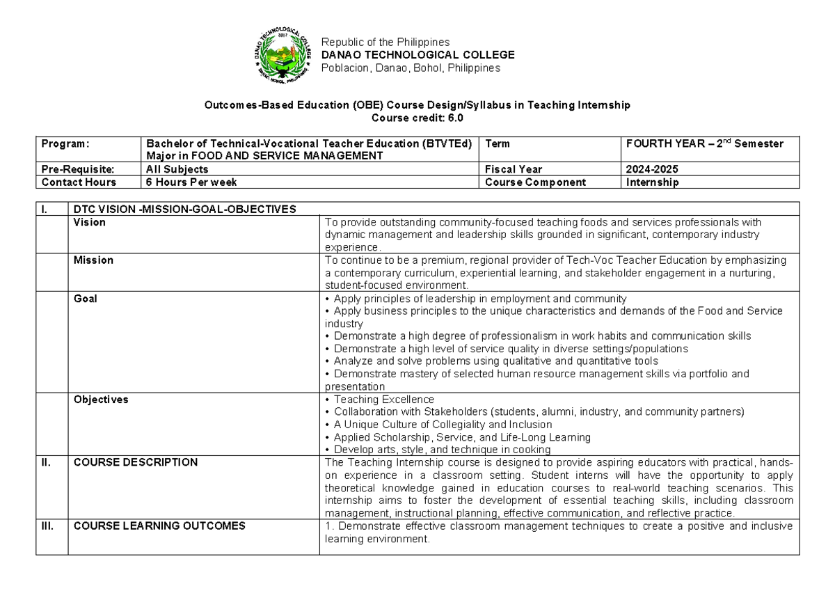 BTVTEd 4th Year Teaching Internship Syllabus and Objectives - Studocu