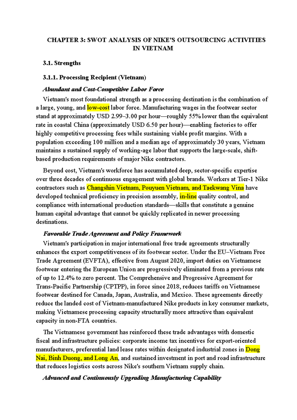 CHAPTER 3: SWOT ANALYSIS OF OUTSOURCING IN VIETNAM (Course Code: XYZ123 ...