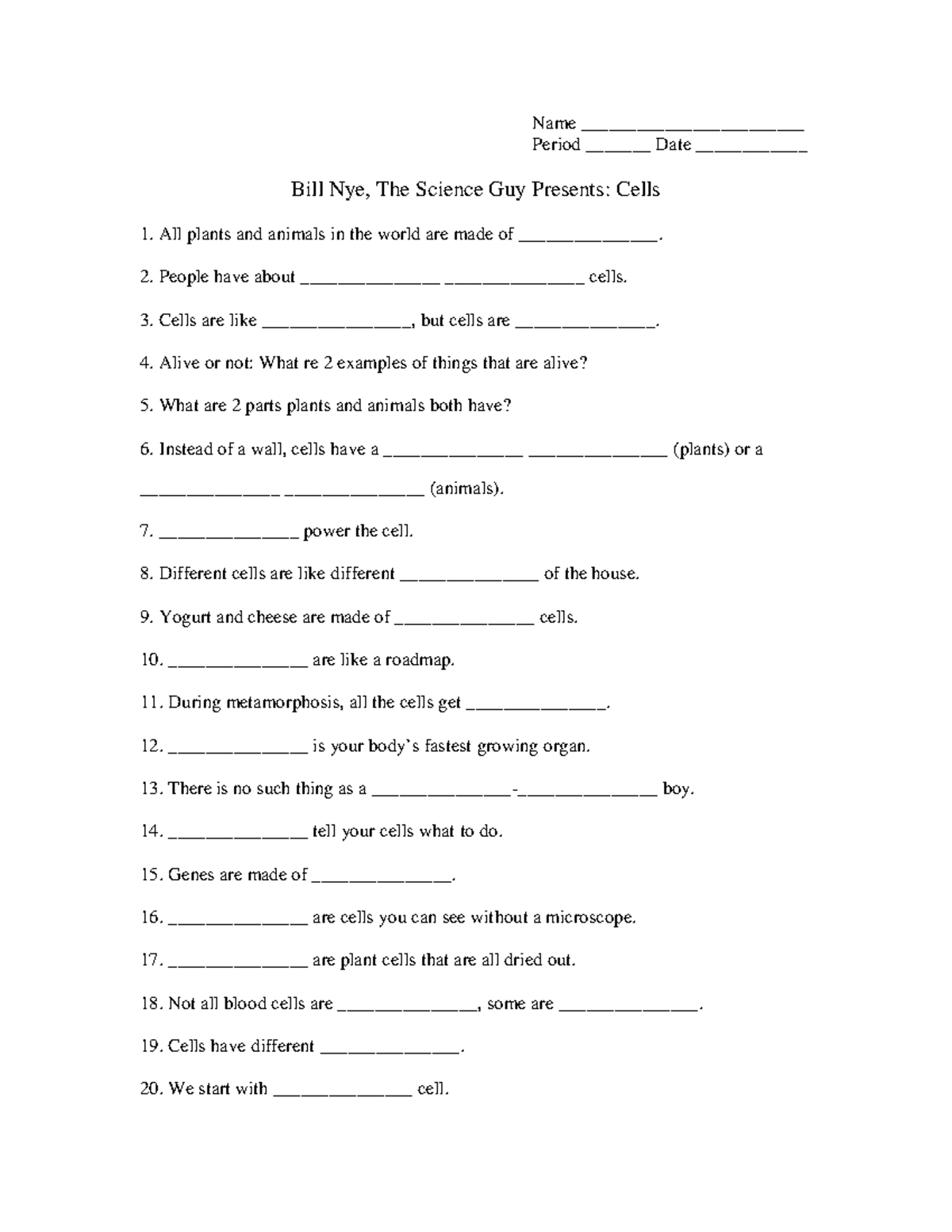1 Bill Nye Cells Worksheet - Name ________________________Period ...