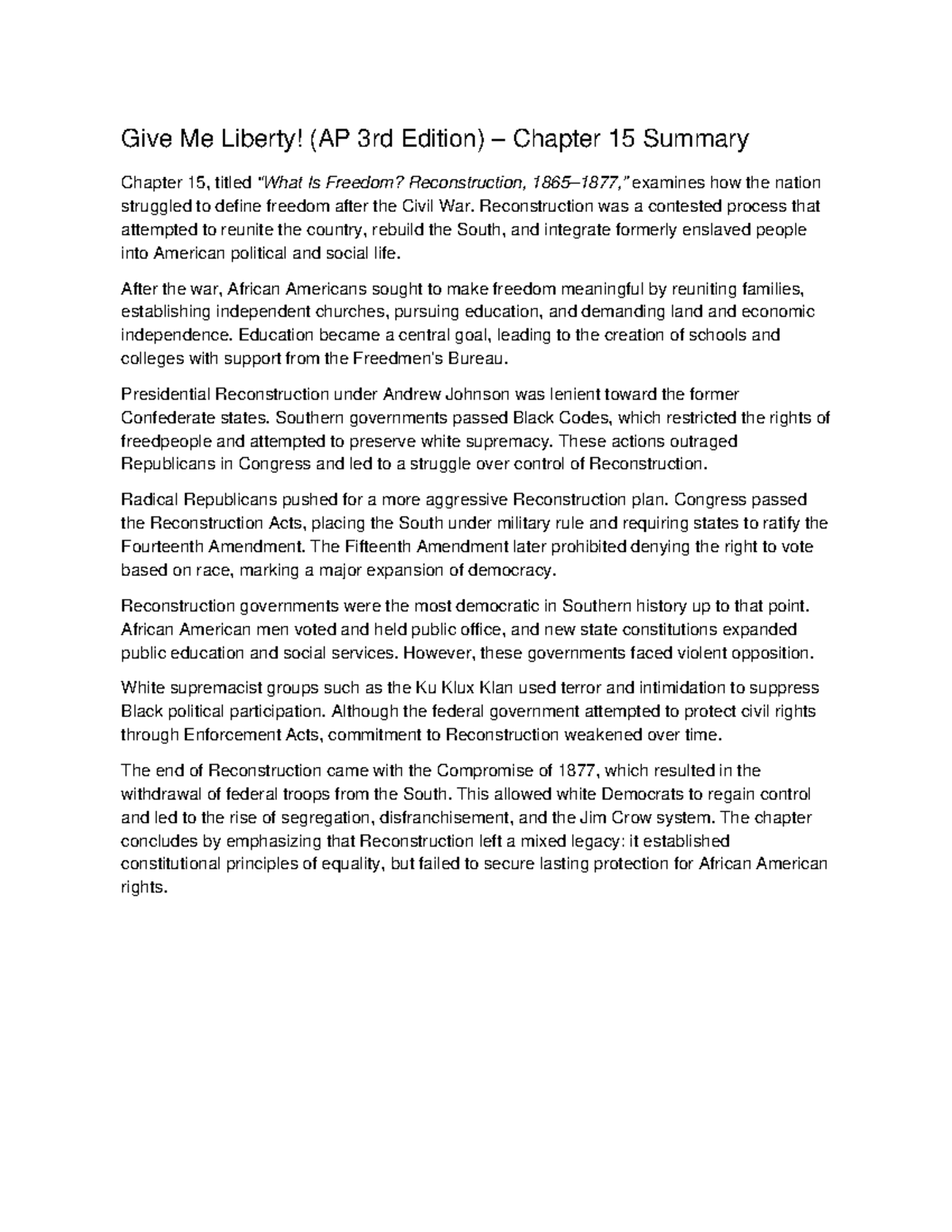 Give Me Liberty! (AP) Chapter 15: Reconstruction and Freedom Summary ...