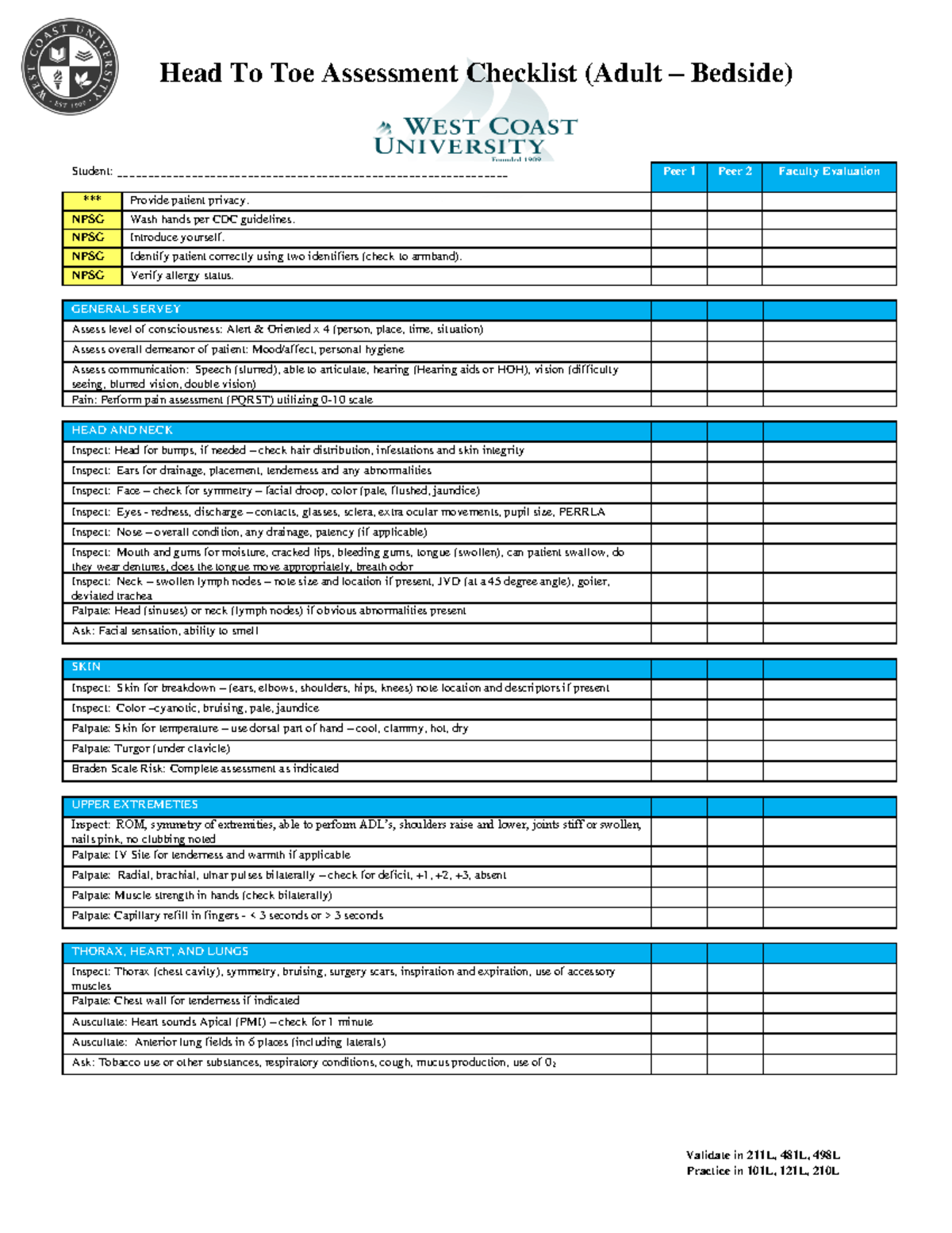 Head to Toe Assessment Lab Skills Checklist (211L, 481L, 498L) - Studocu