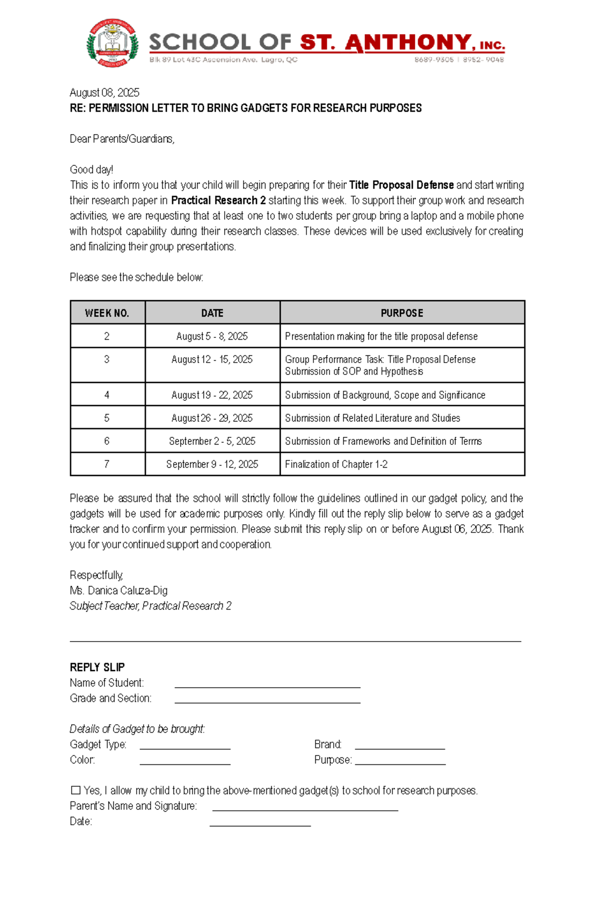 Permission Letter for Gadgets in Practical Research 2 - Studocu